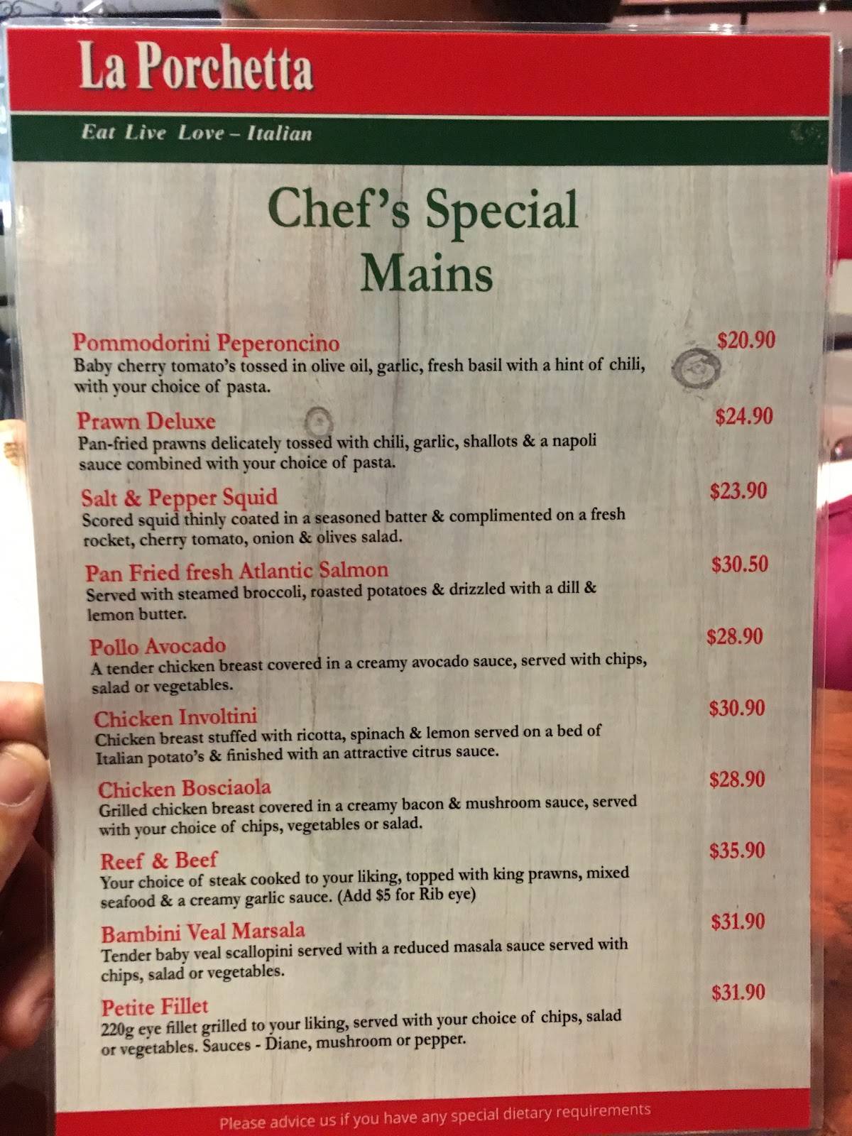 Menu at La Porchetta Restaurant Broadbeach, Broadbeach, The Phoenician ...
