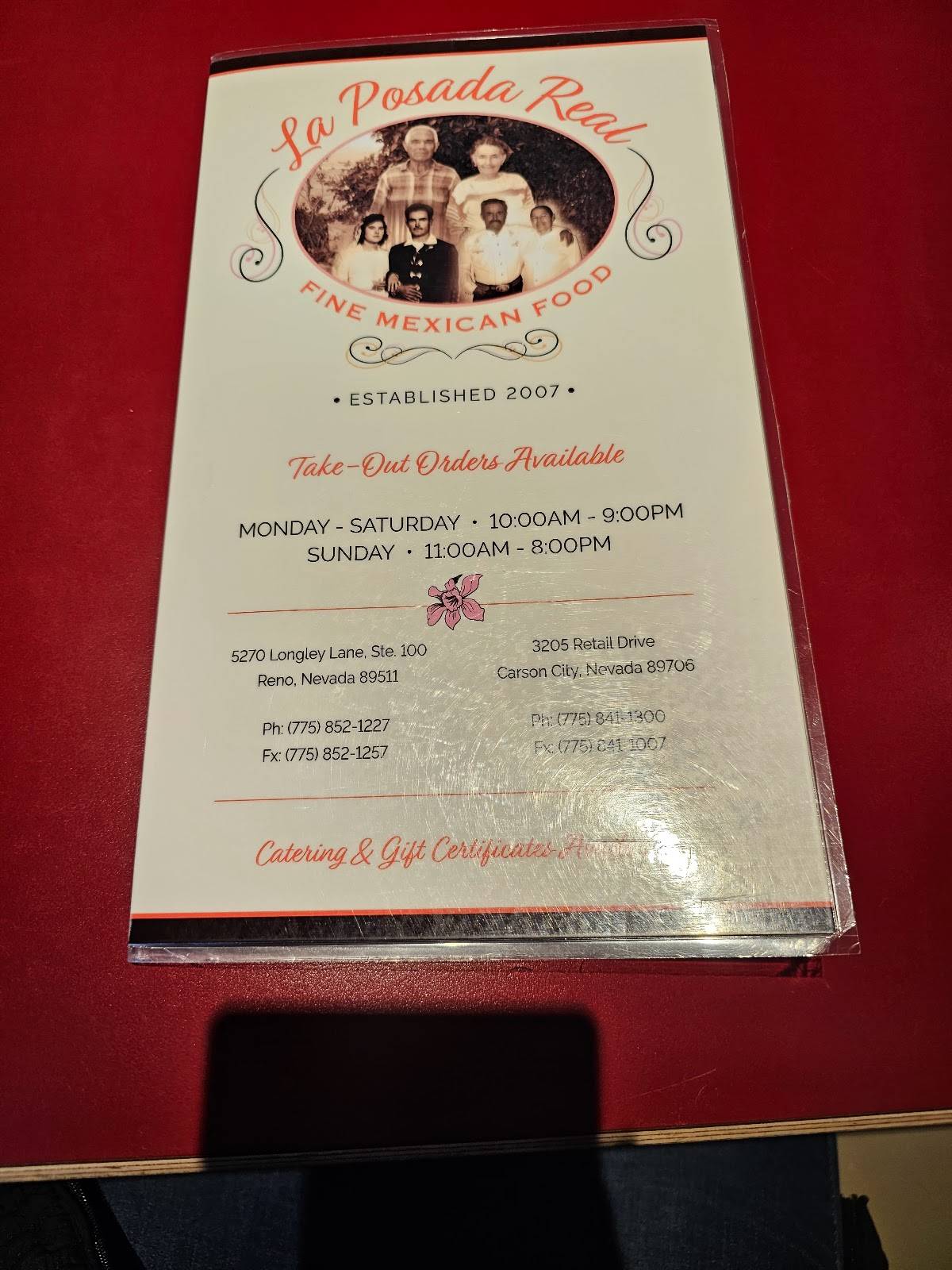 Carta del restaurante La Posada Real, Carson City