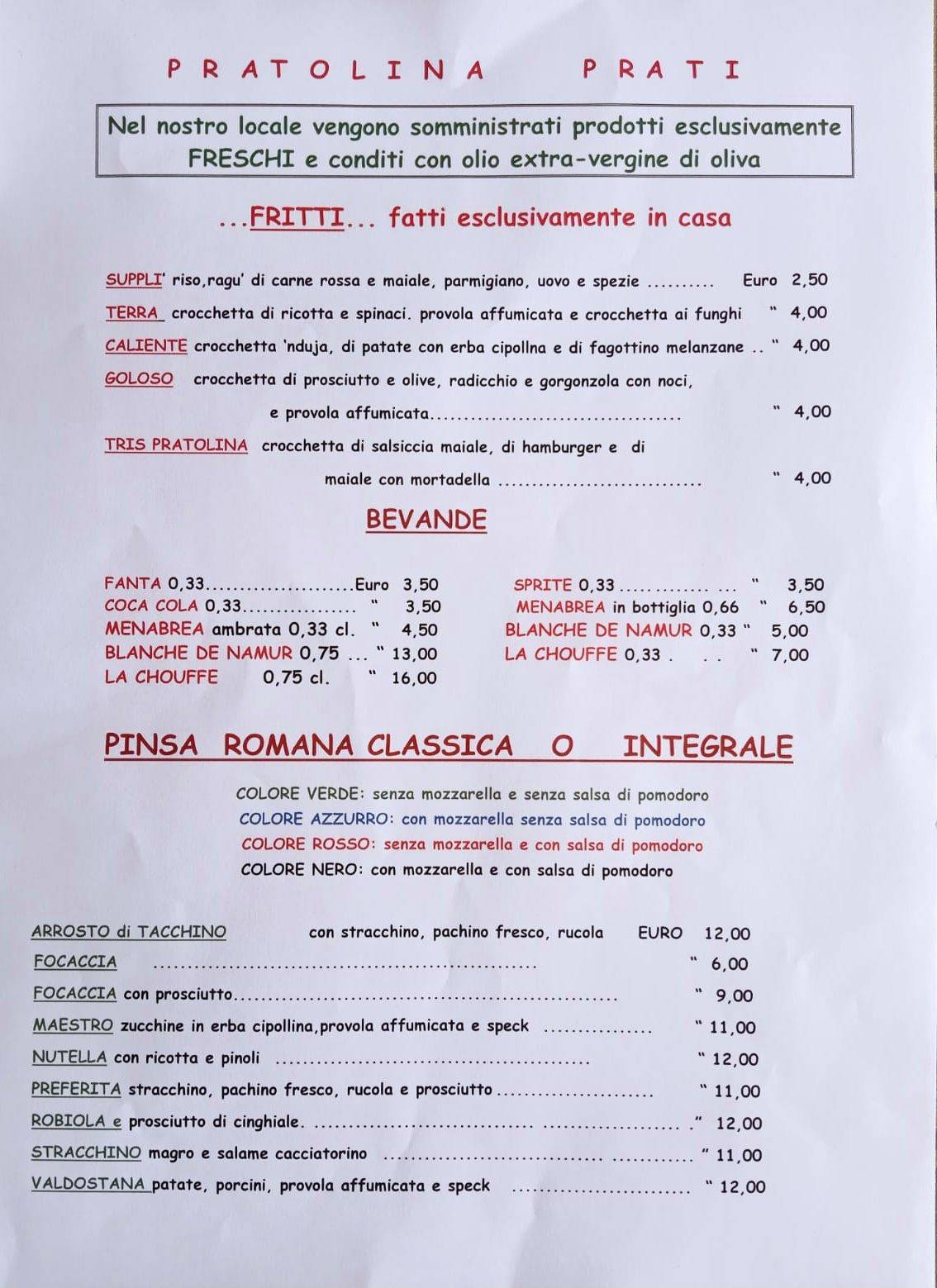 Menu da La Pratolina ristorante, Roma, Via degli Scipioni