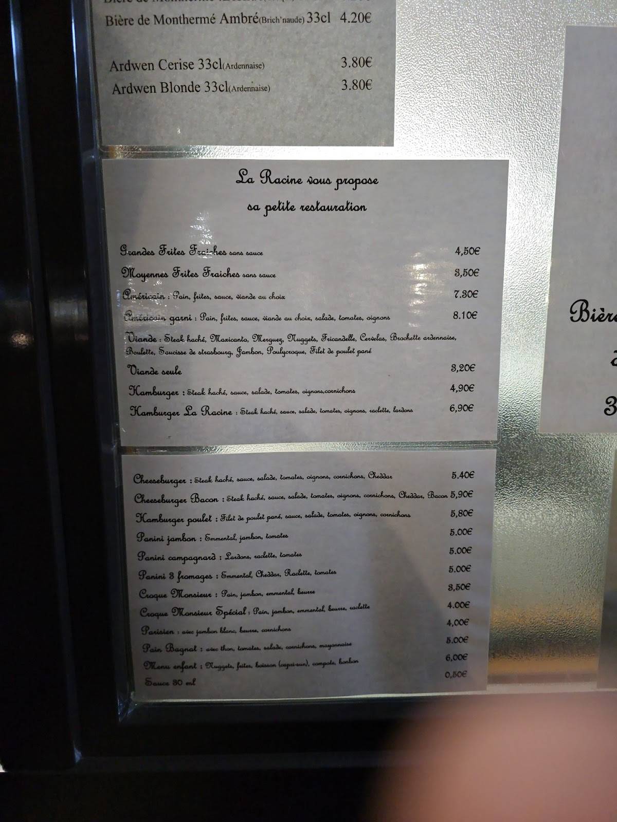 Menu au La Racine restaurant, Monthermé