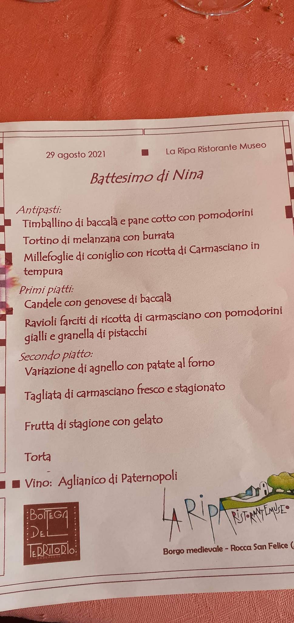 Menu da La Ripa Ristorante - Museo, Rocca San Felice
