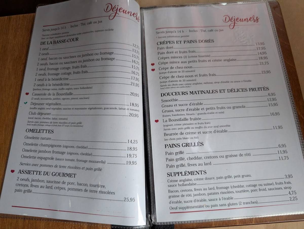 Menu au La Roche à Veillon restaurant, Saint-Jean-Port-Joli, 547 Av. de ...