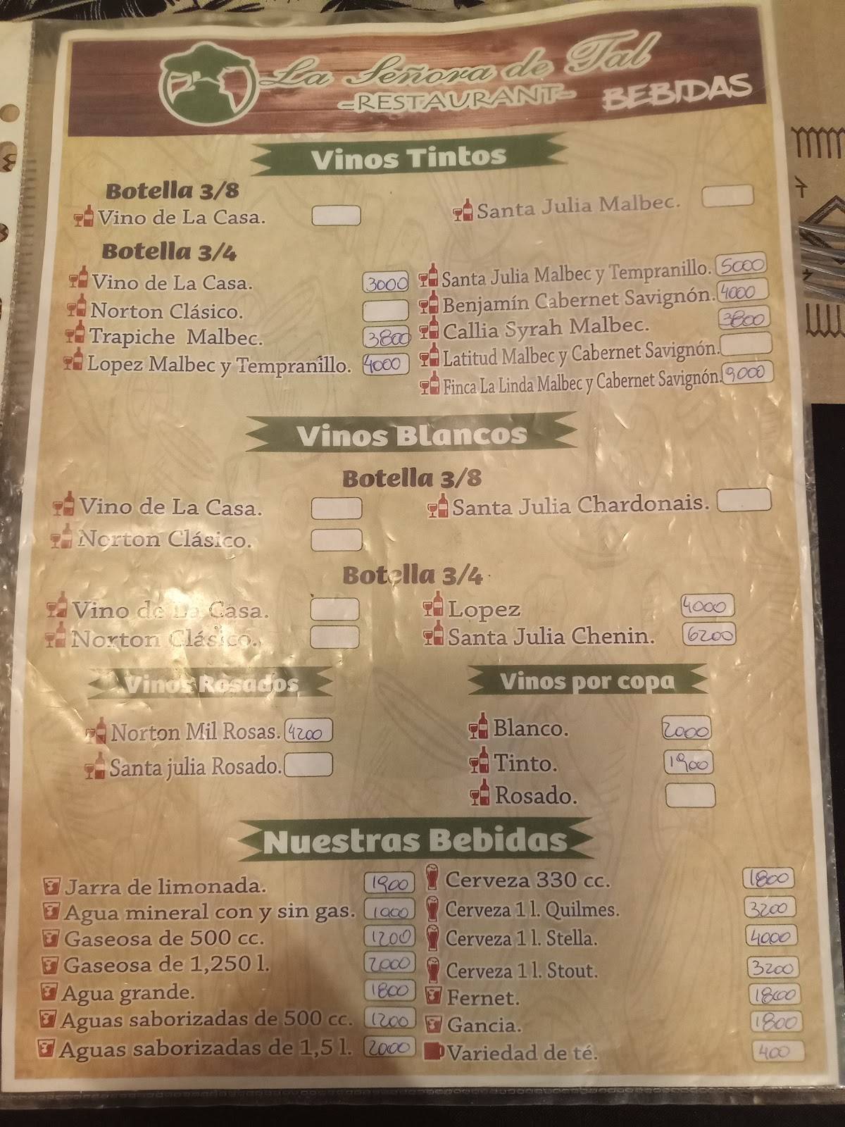 Carta del restaurante La Señora De Tal, La Cumbre, Corrientes