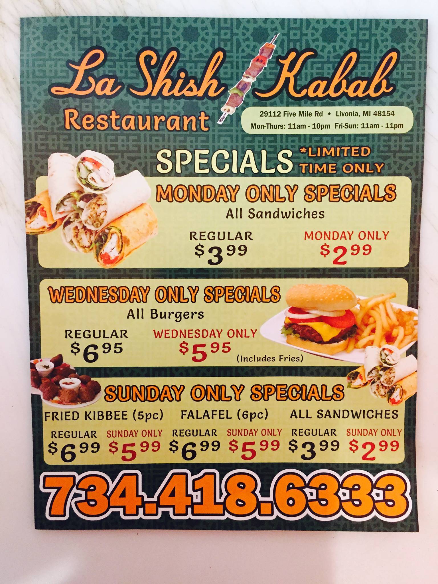 Menu at La Shish Kabab Restaurant, Livonia, Five Mile Rd