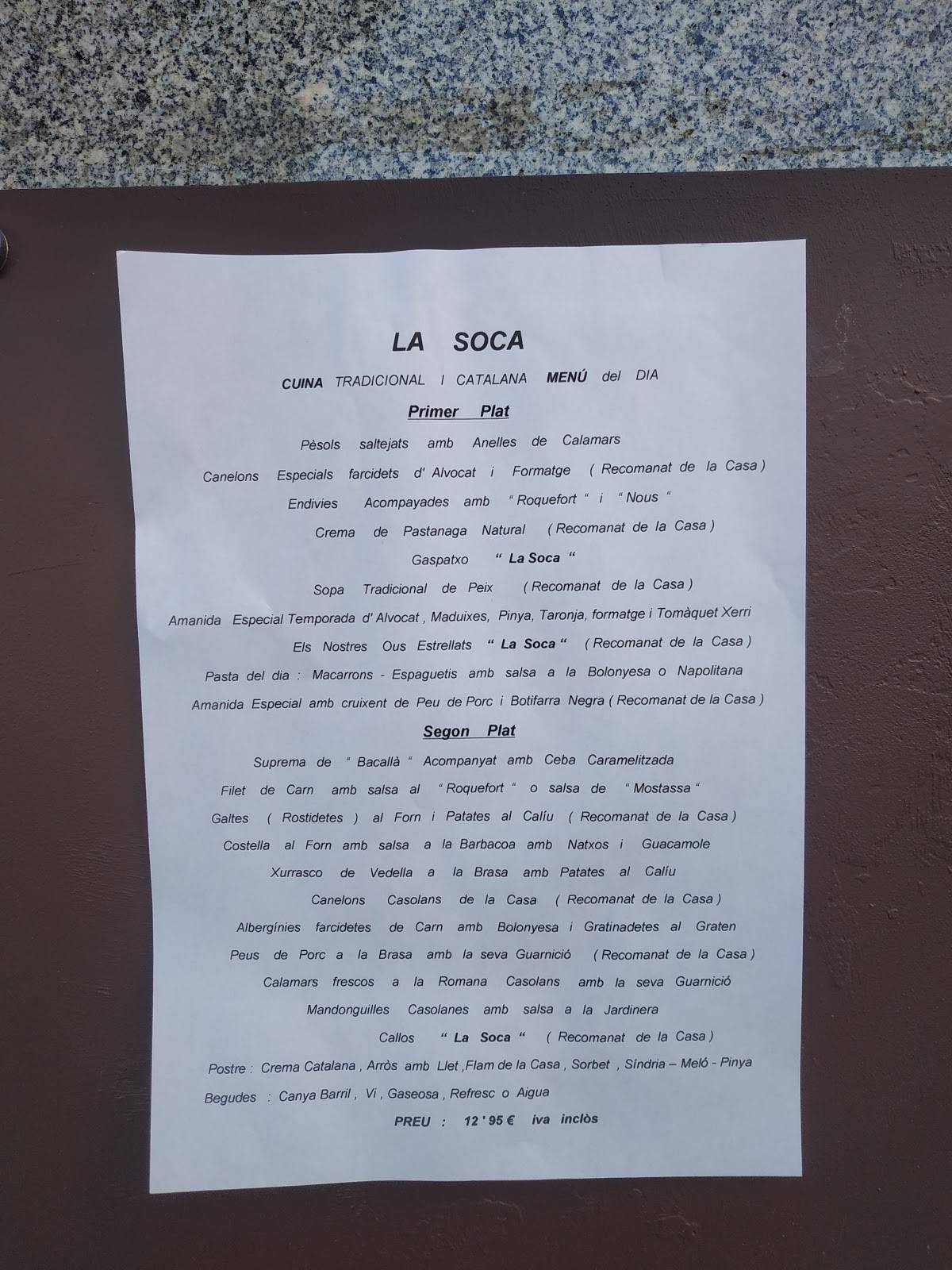 Carta de La Soca Restaurant, Manresa
