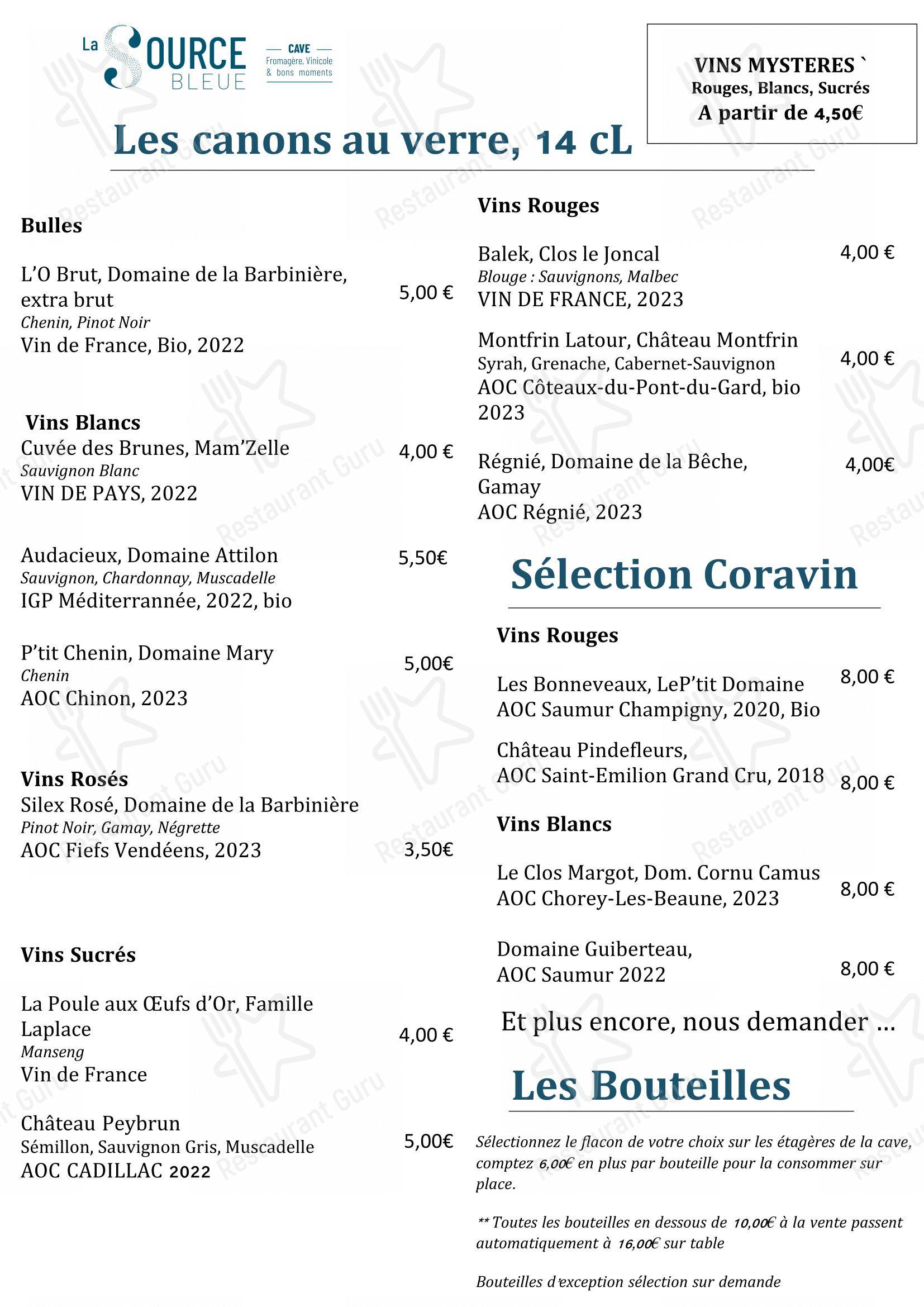 Menu au La Source Bleue Cave pub et bar, Gençay