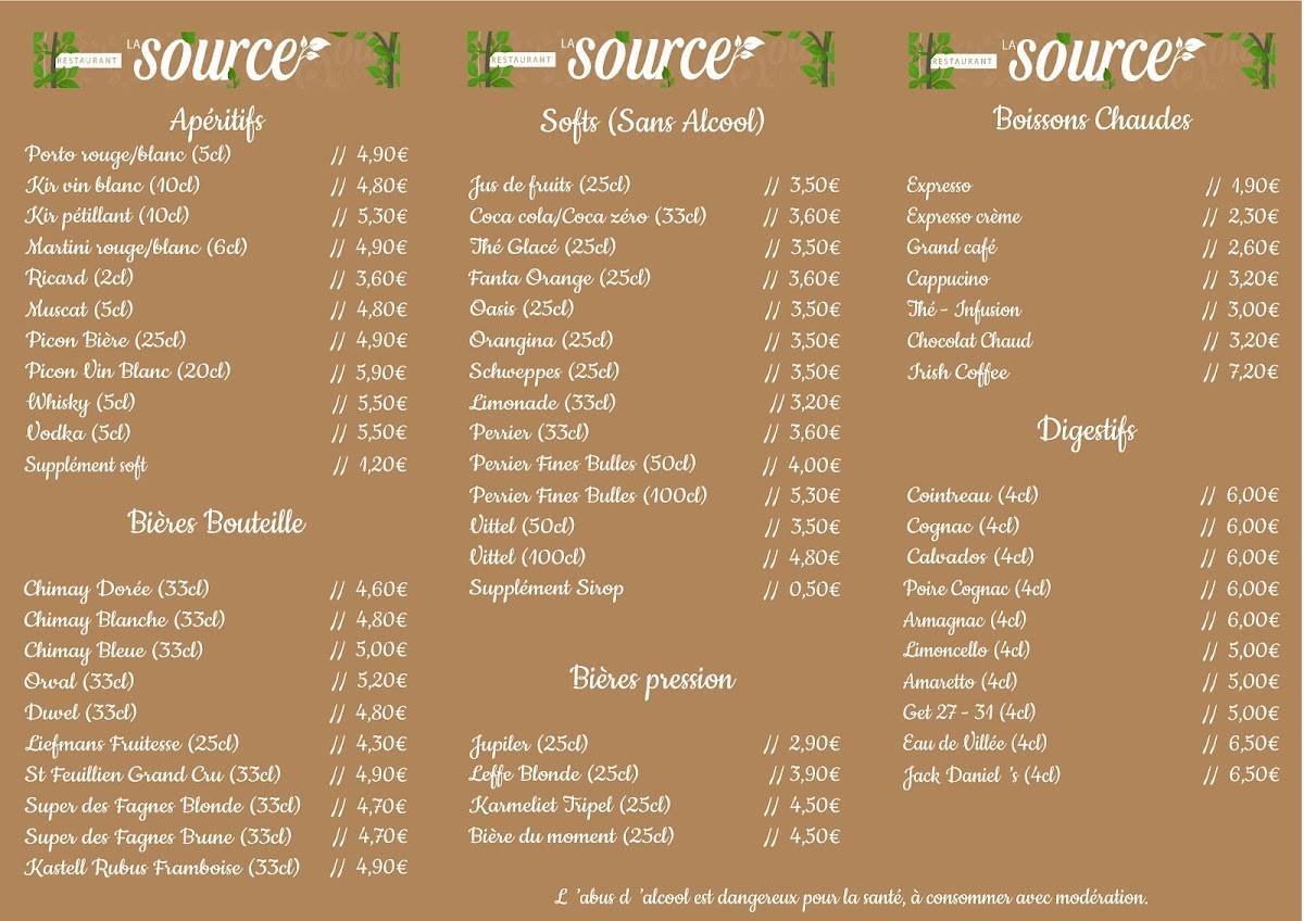 Menu au La Source restaurant, Fourmies