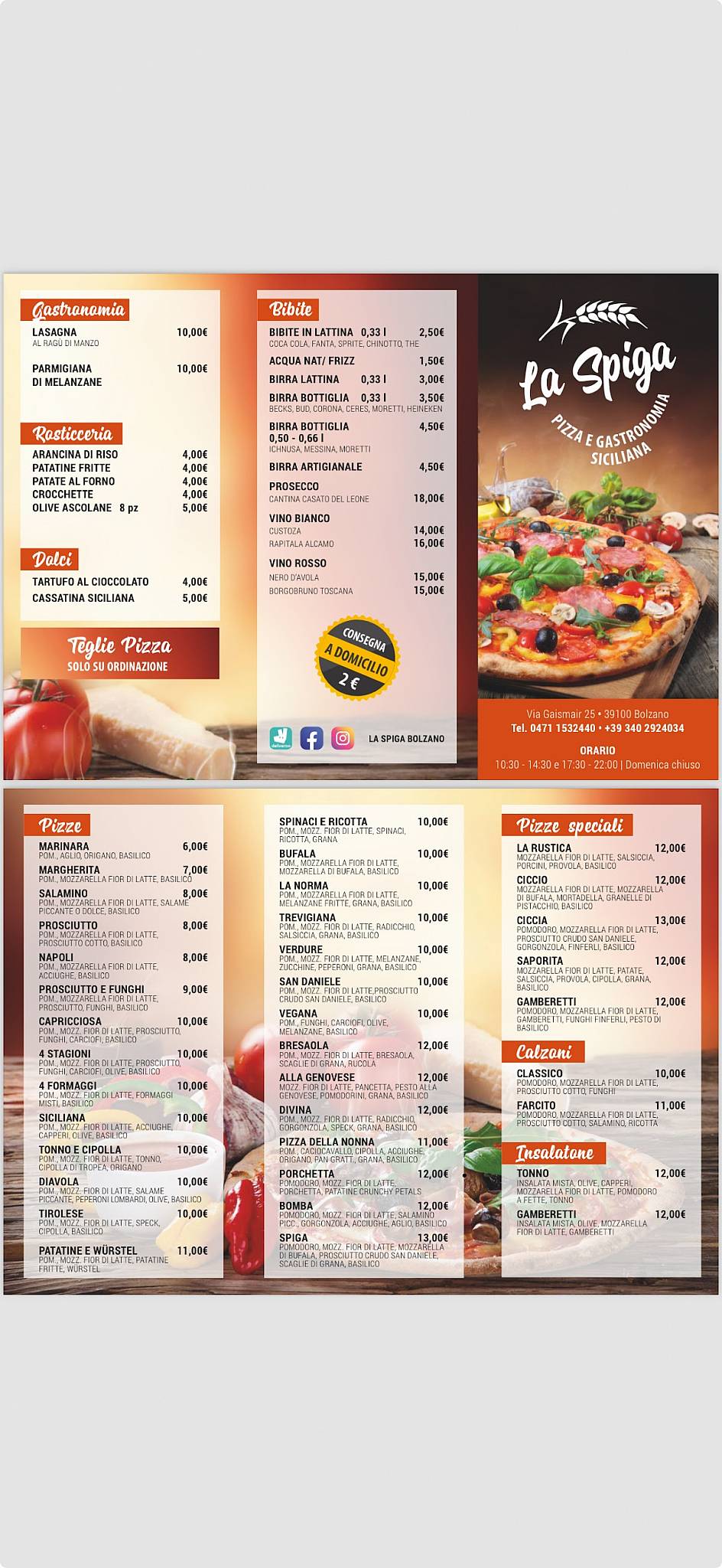 Menu da La Spiga ristorante, Bolzano