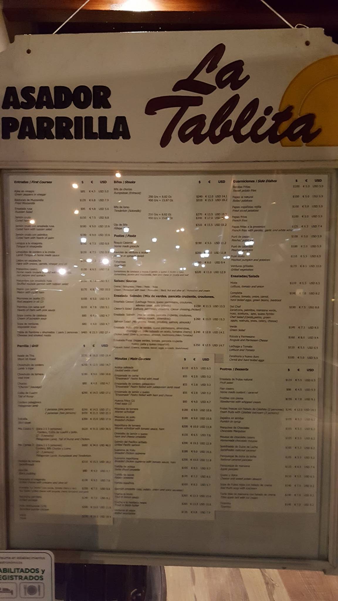 Carta de parrilla La Tablita, El Calafate