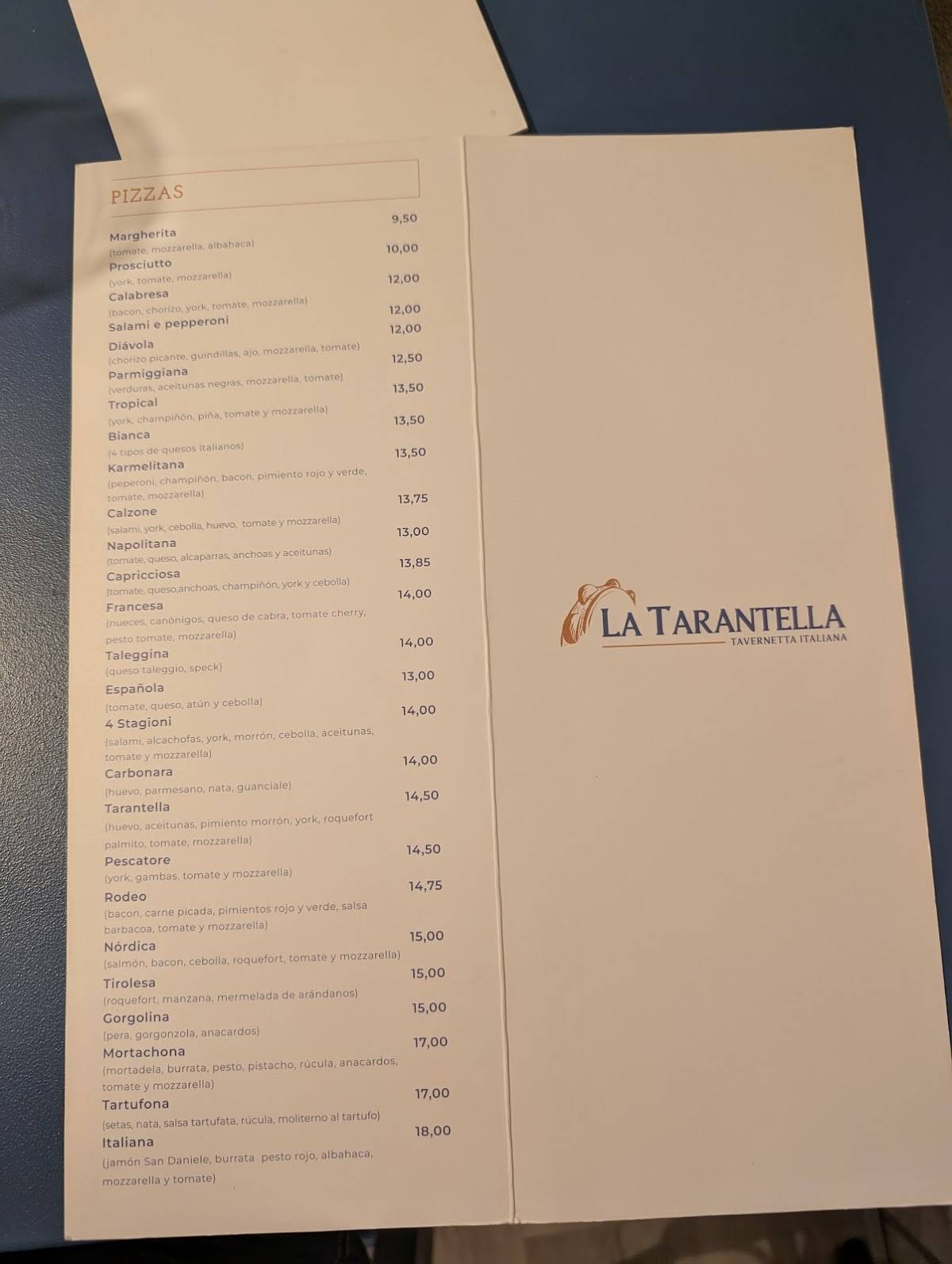 Carta del restaurante La Tarantella, Murcia, C. Madre Elisea Oliver Molina