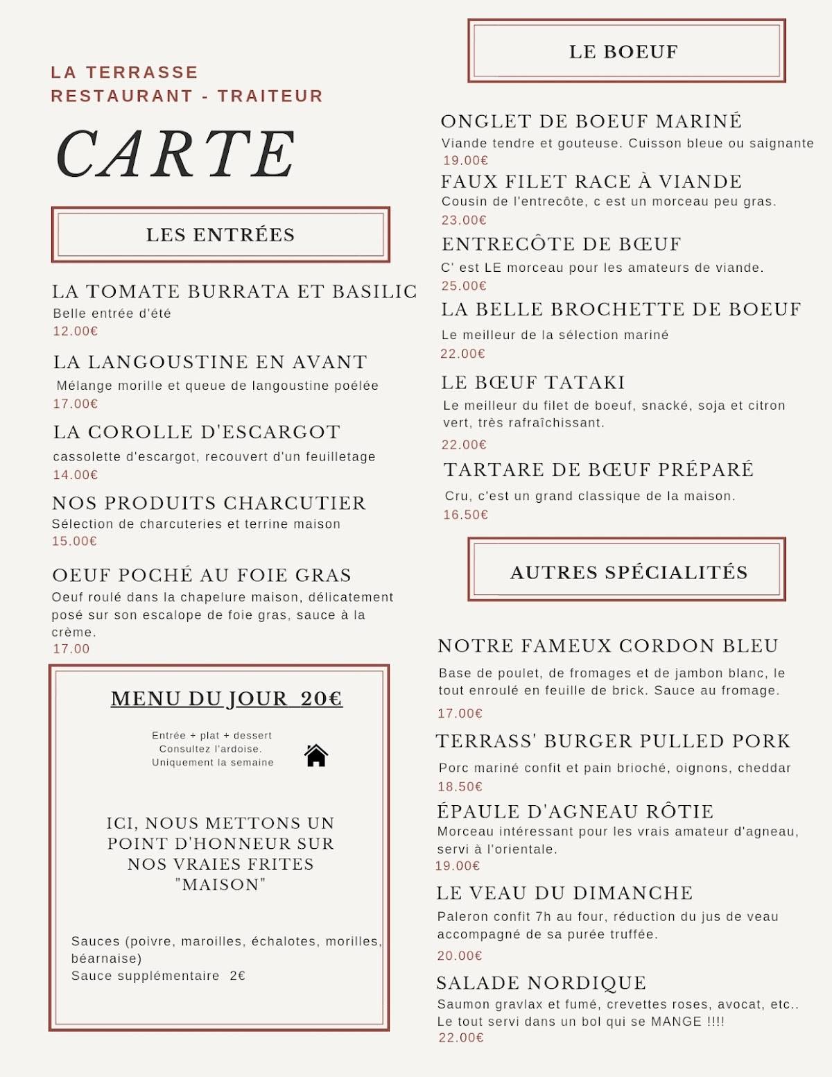 Menu au La Terrasse restaurant, Roupy, Aérodrome de Saint-Quentin - Roupy