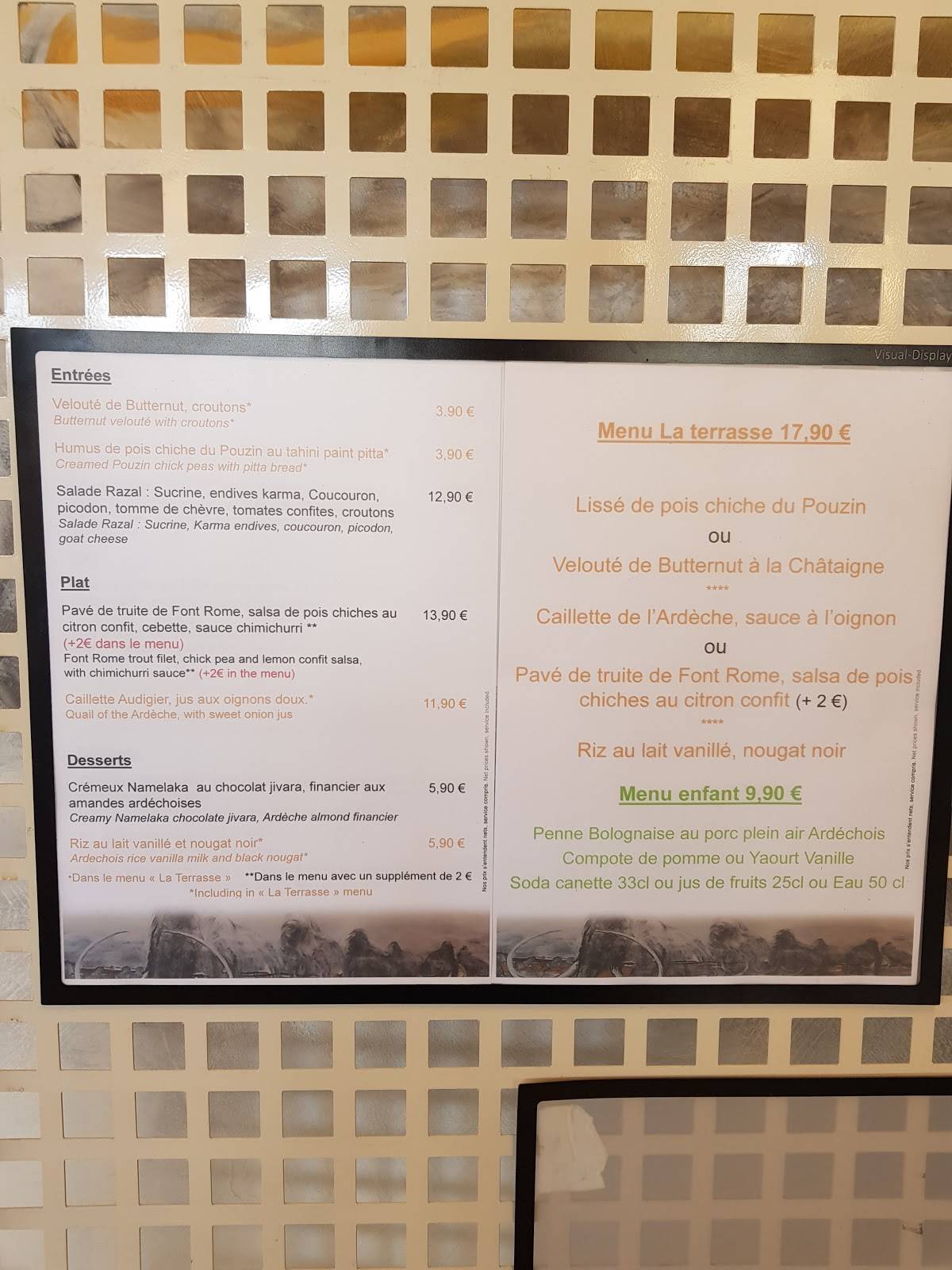 Menu at La Terrasse restaurant, Vallon-Pont-d'Arc, Route de Bourg St Andéol