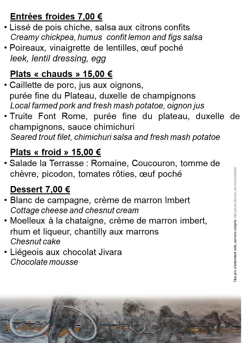 Menu at La Terrasse restaurant, Vallon-Pont-d'Arc, Route de Bourg St Andéol