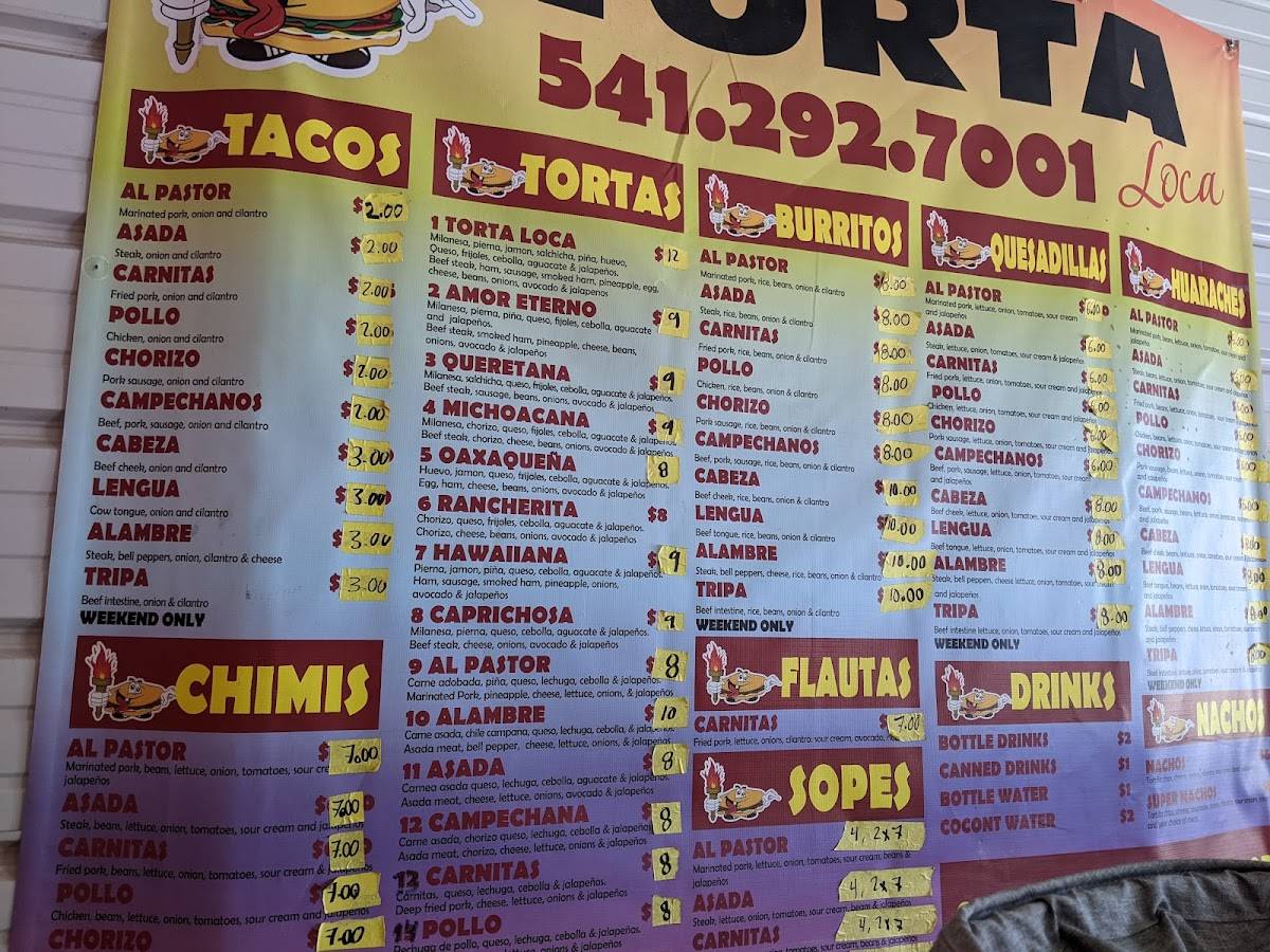 Menu at La Torta Loca restaurant, Medford