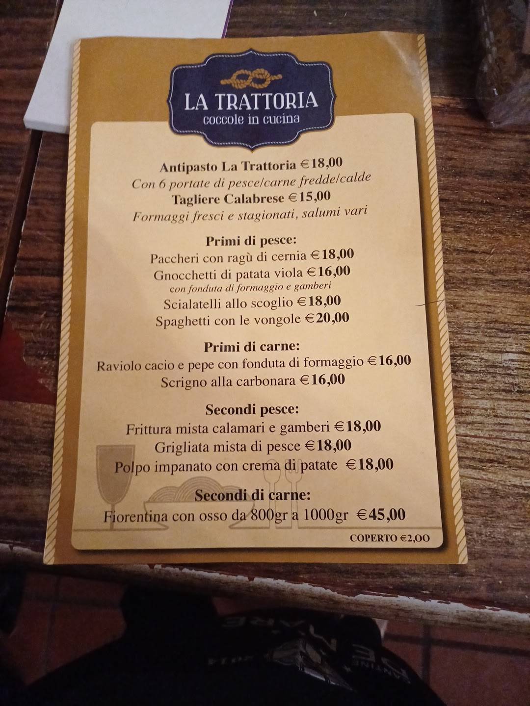 Menu at La Trattoria restaurant, Cirò Marina