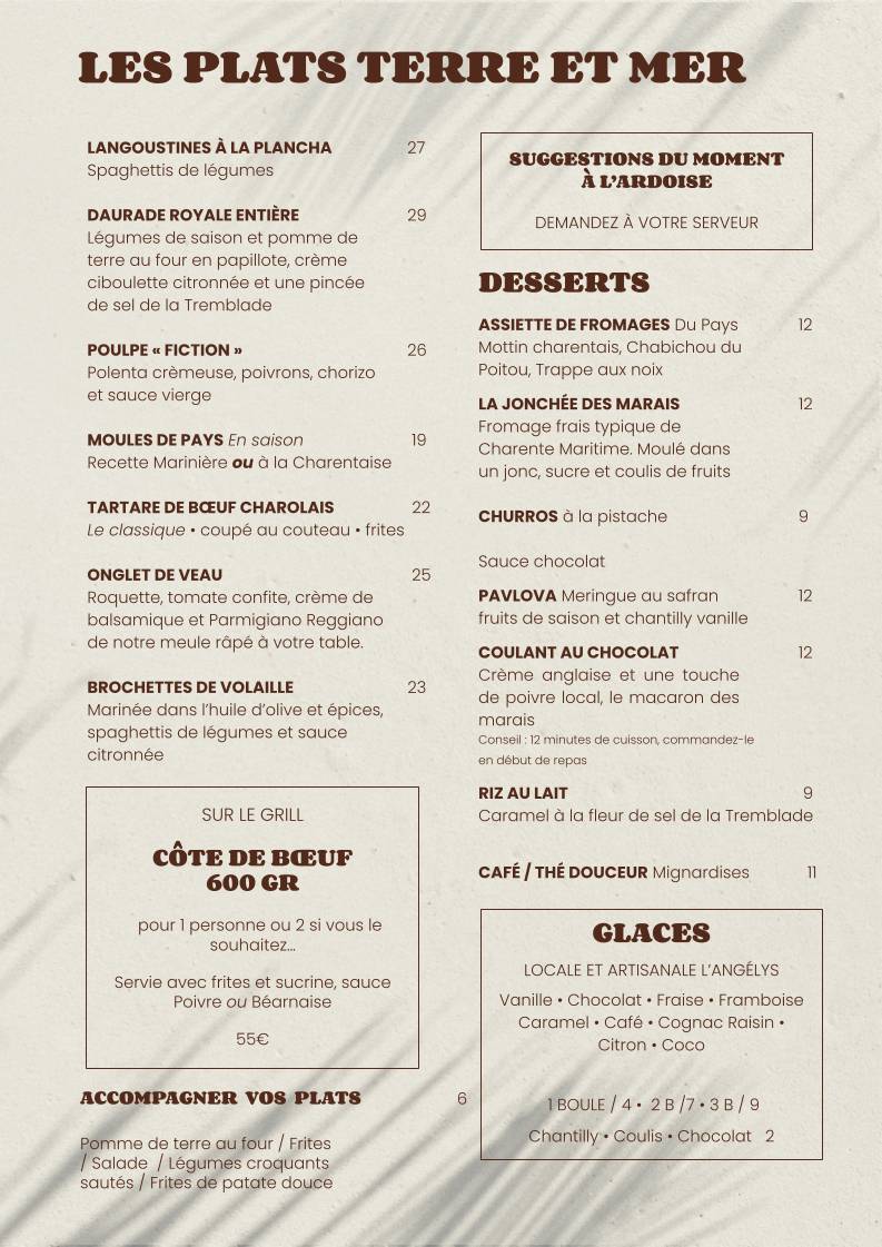 Menu au BEACH BISTRO - LE GRAND CHALET restaurant, La Tremblade