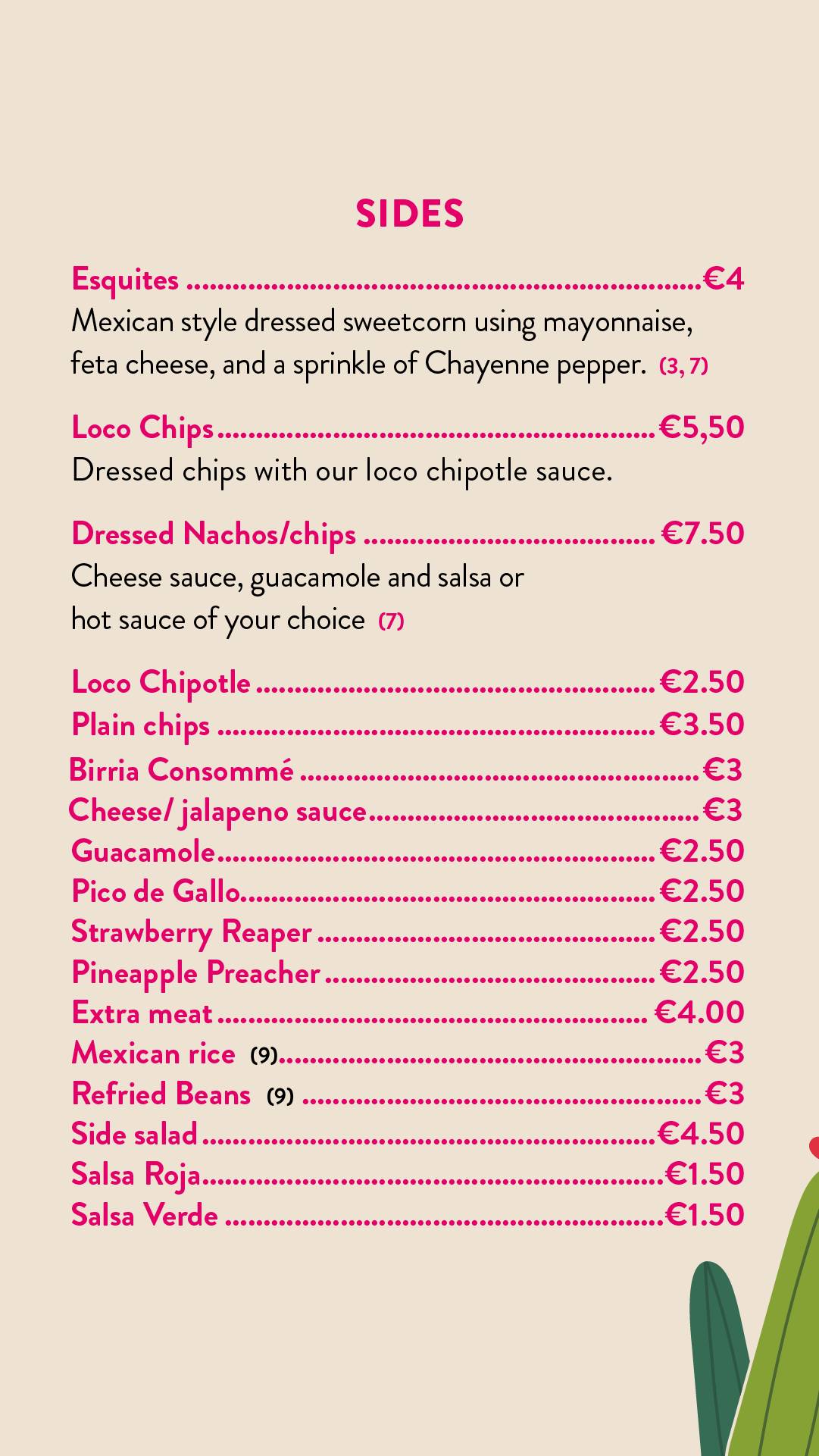 Menu at La Vida Loca restaurant, Waterford