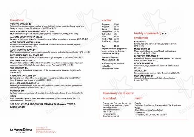 Menu at LaManna And Sons South Yarra cafe, Cremorne