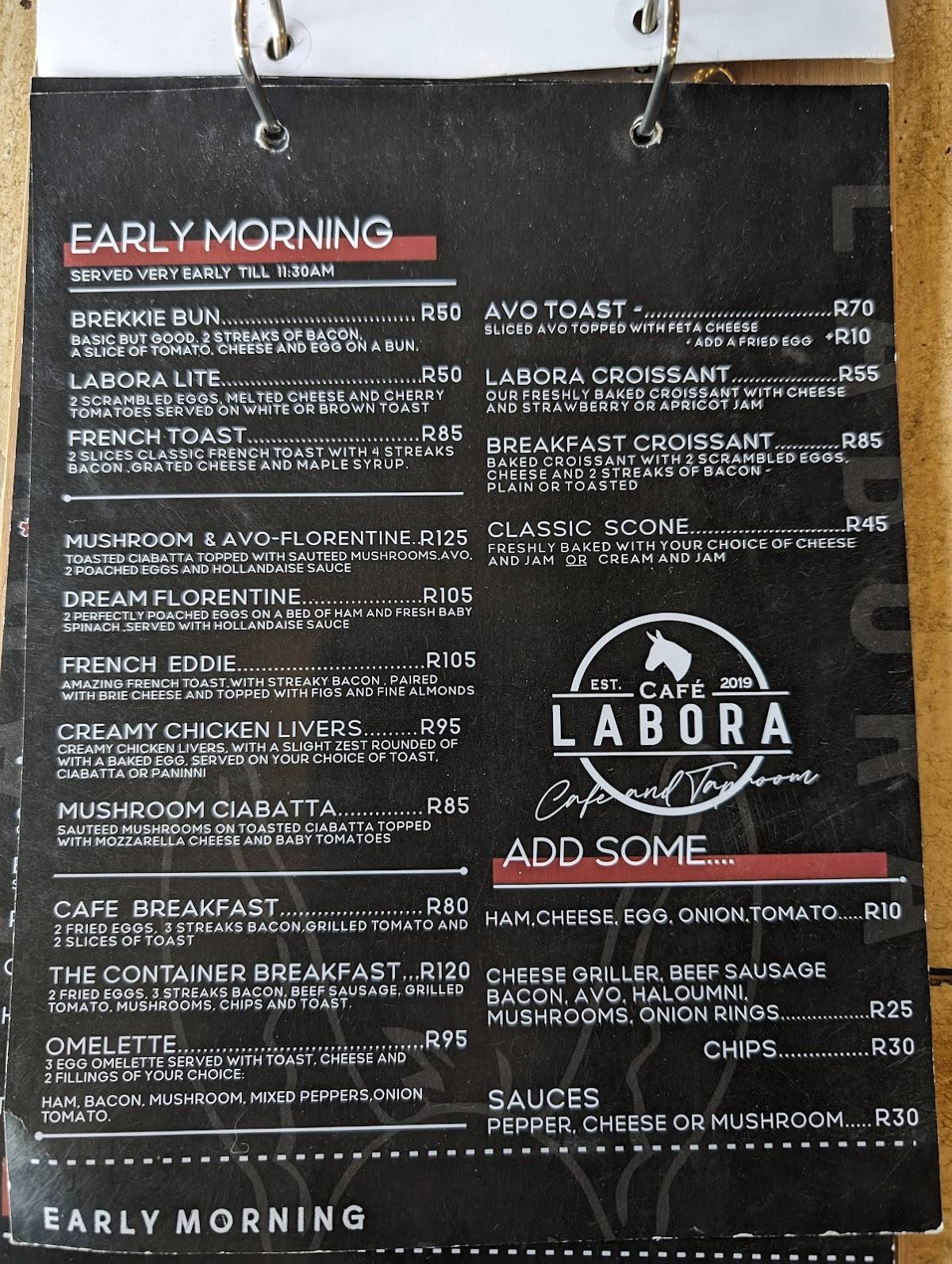 Menu at Labora Yard restaurant, Centurion