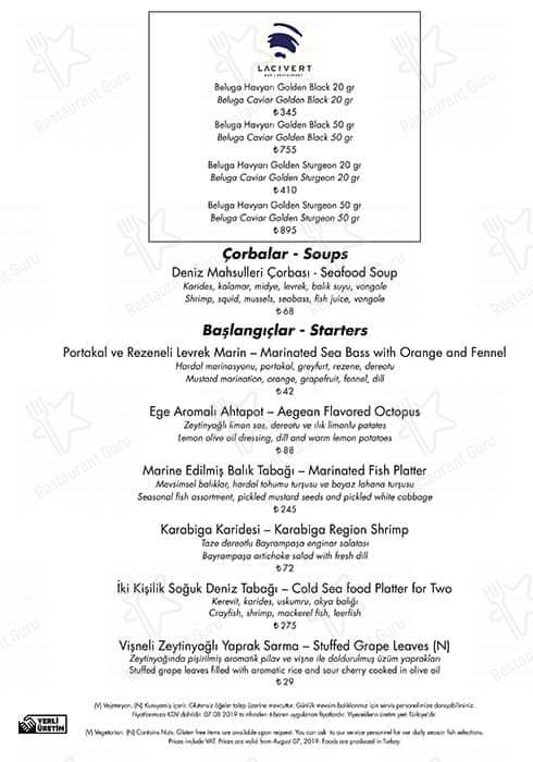 Menu at Lacivert, Istanbul, Körfez Cd. 57/A