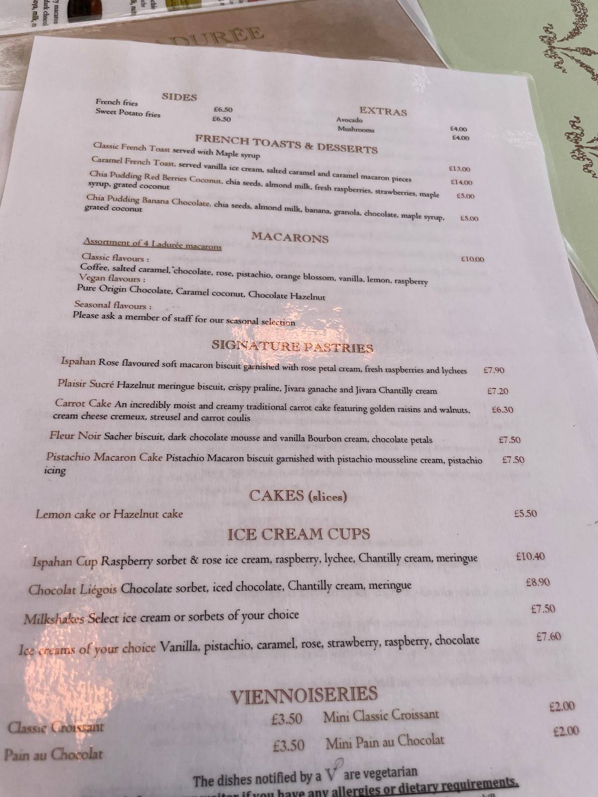 Menu at Ladurée cafe, London, 1 The Mkt
