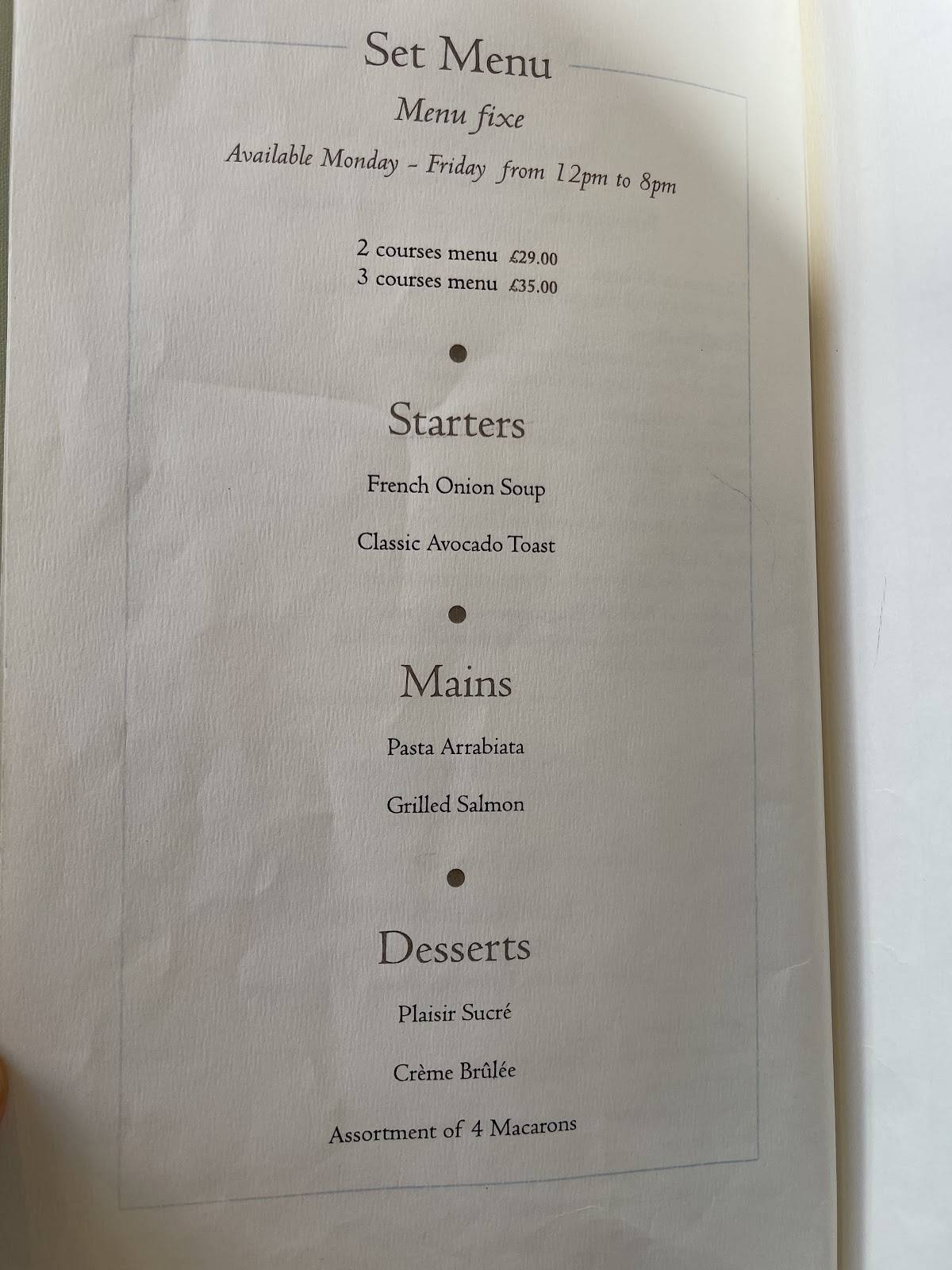 Menu at Ladurée cafe, London, 1 The Market
