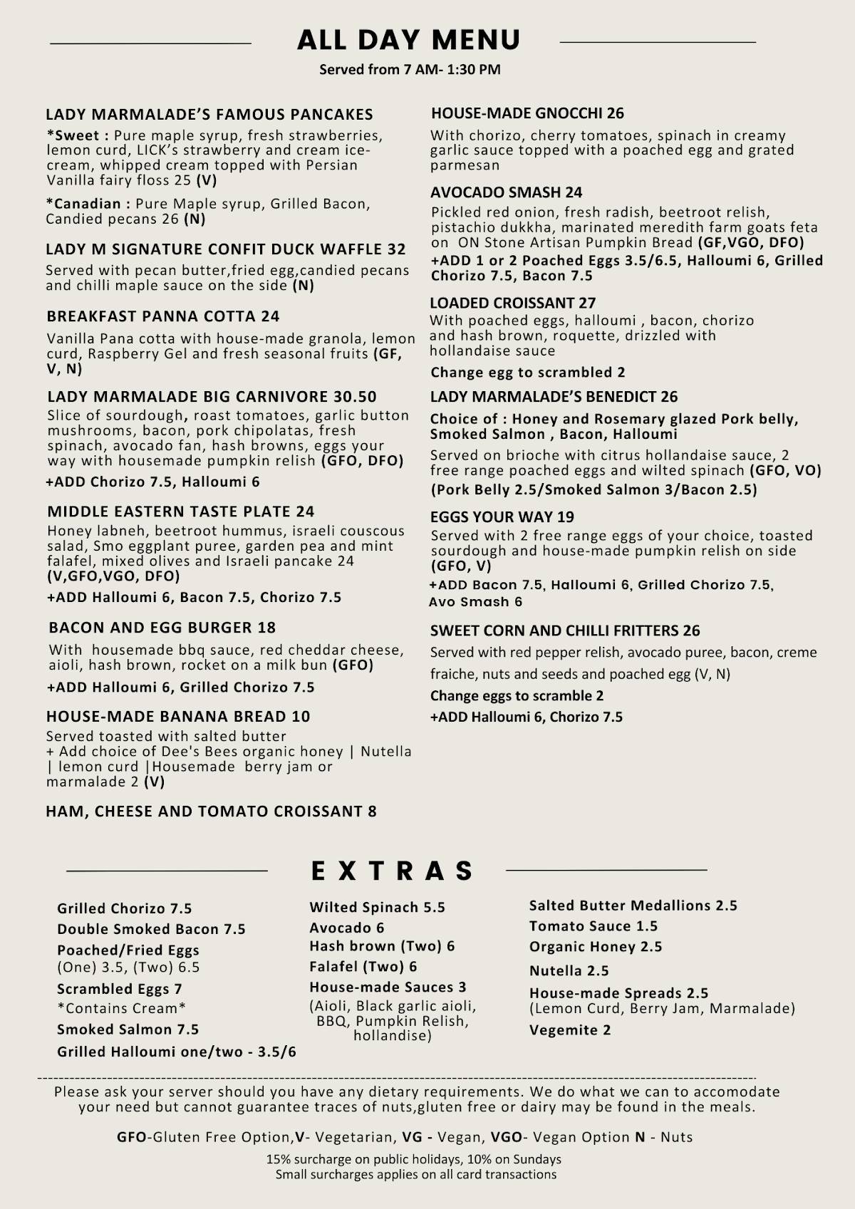 Menu at Lady Marmalade Cafe, Greenslopes