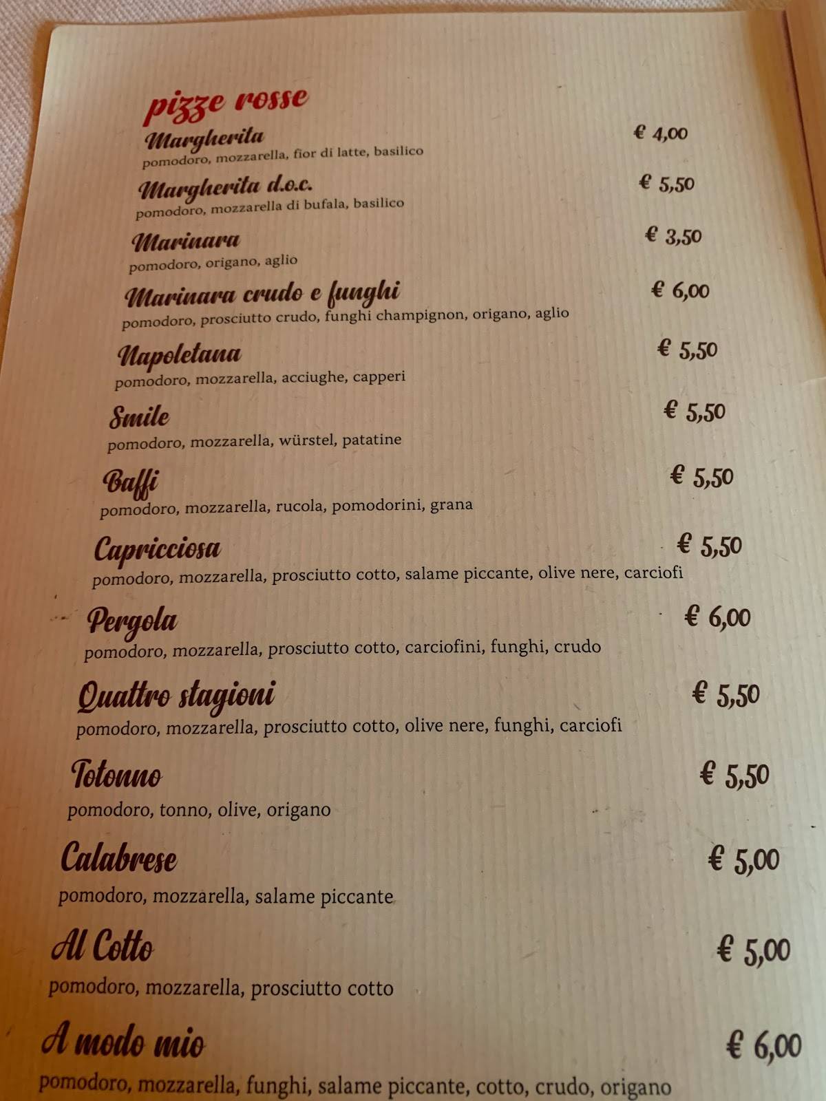 Menu da La Pergola ristorante, Lagonegro