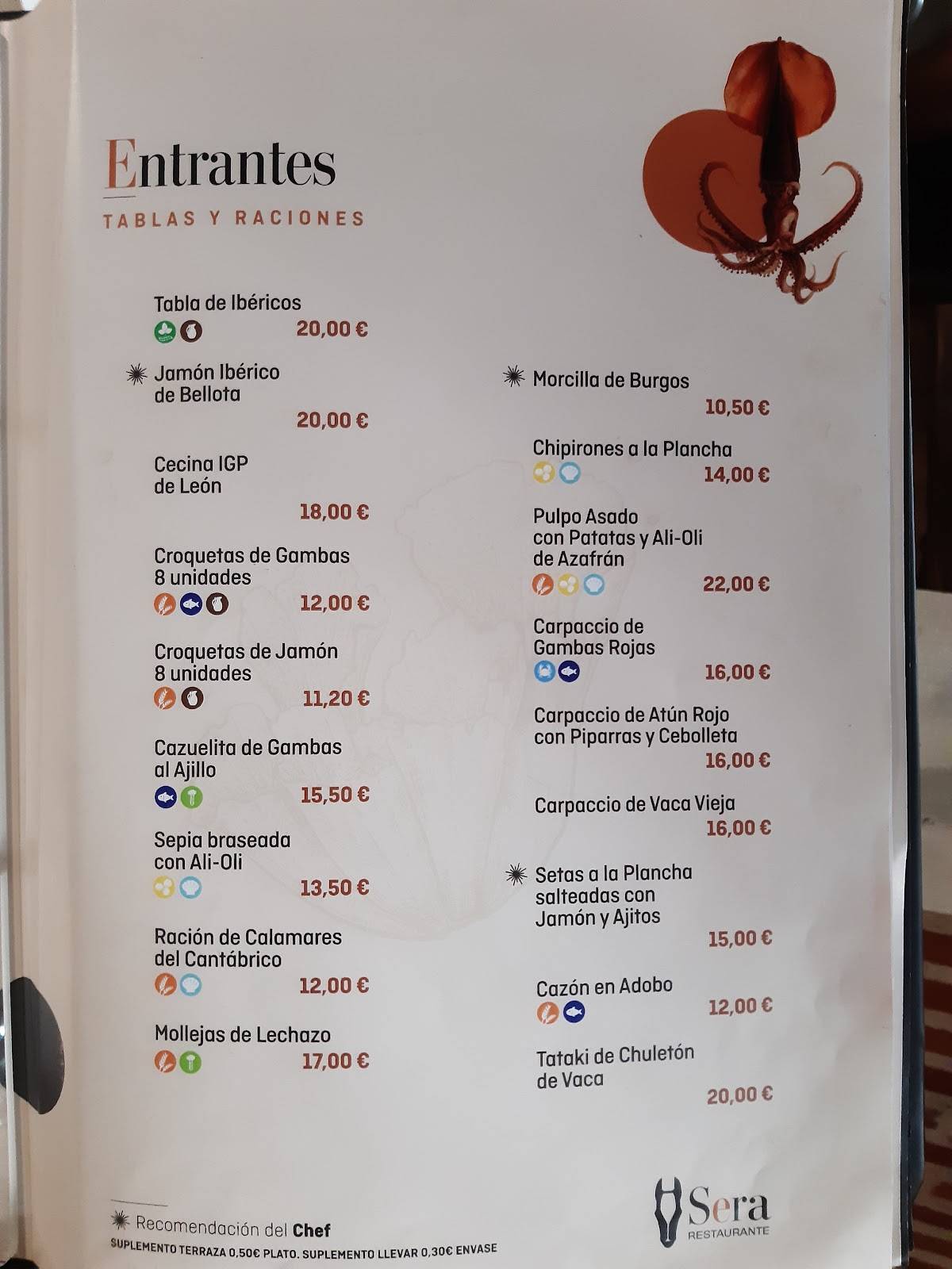 Carta de Restaurante Sera, Laguna de Duero