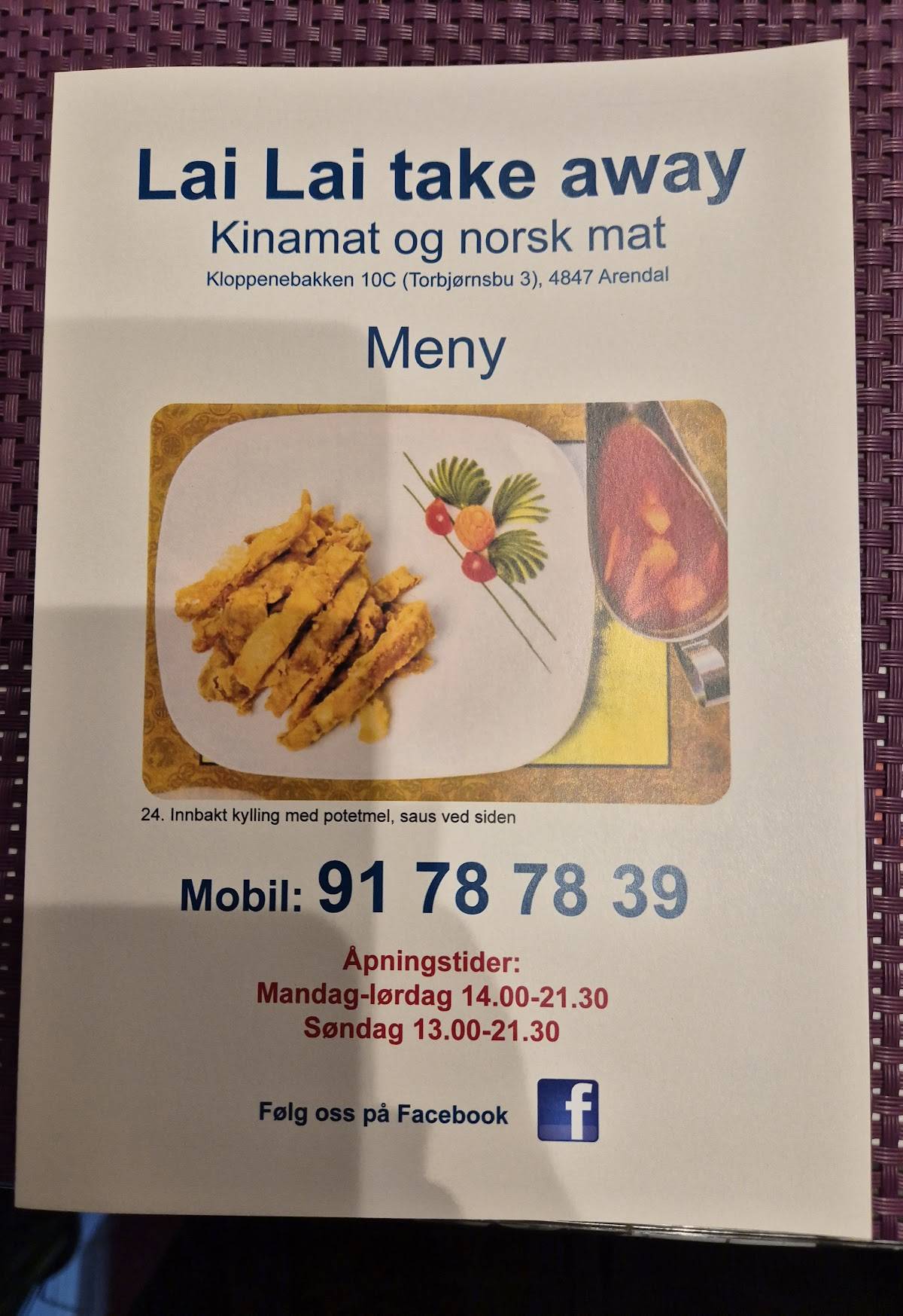 Menu at Lai lai take away restaurant, Arendal