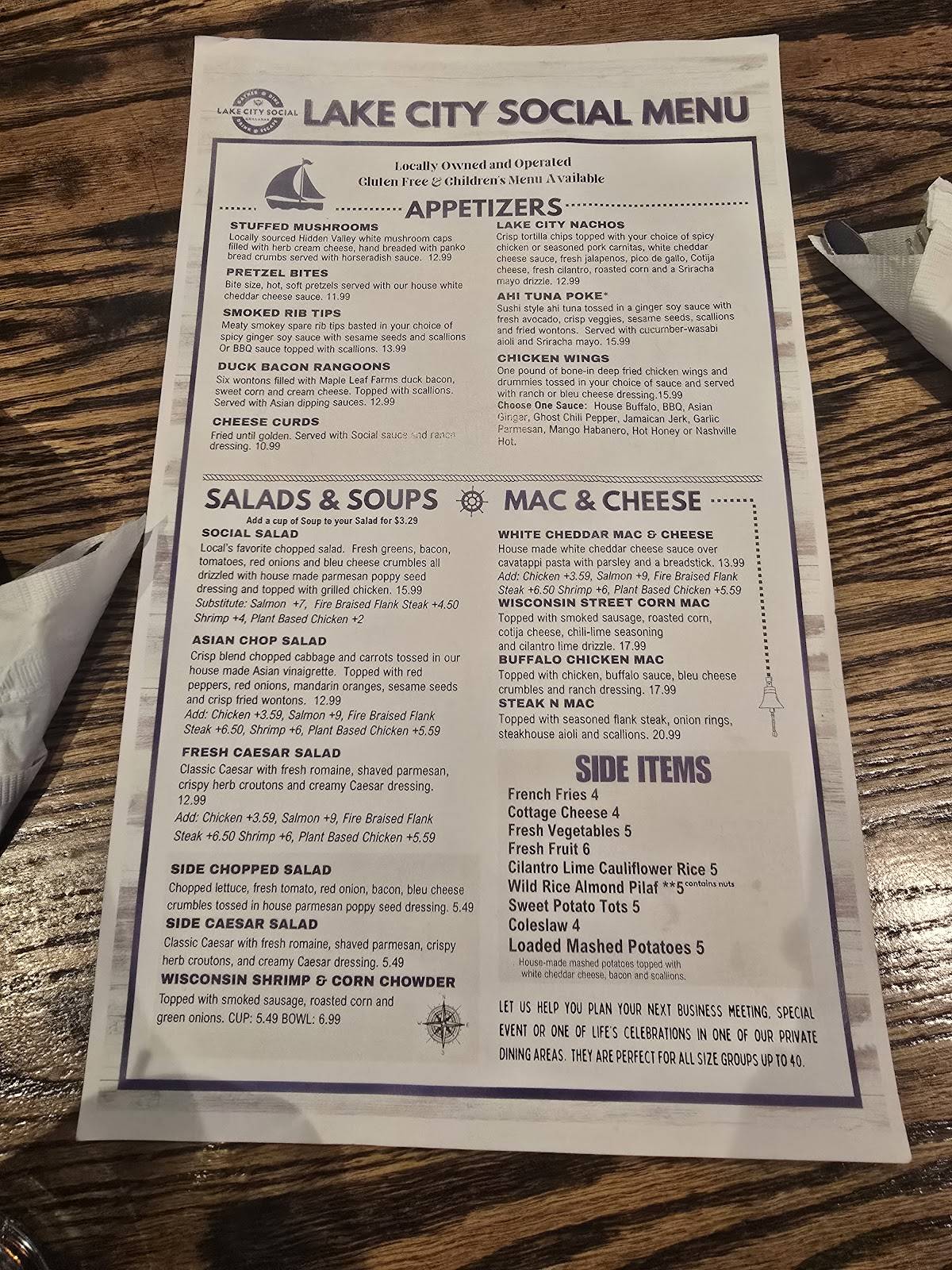 Menu at Lake City Social Grill & Bar Wisconsin Dells, Wisconsin Dells