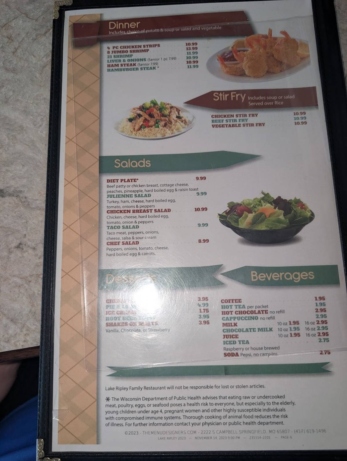 Menu at Lake Ripley Family Restaurant, Cambridge