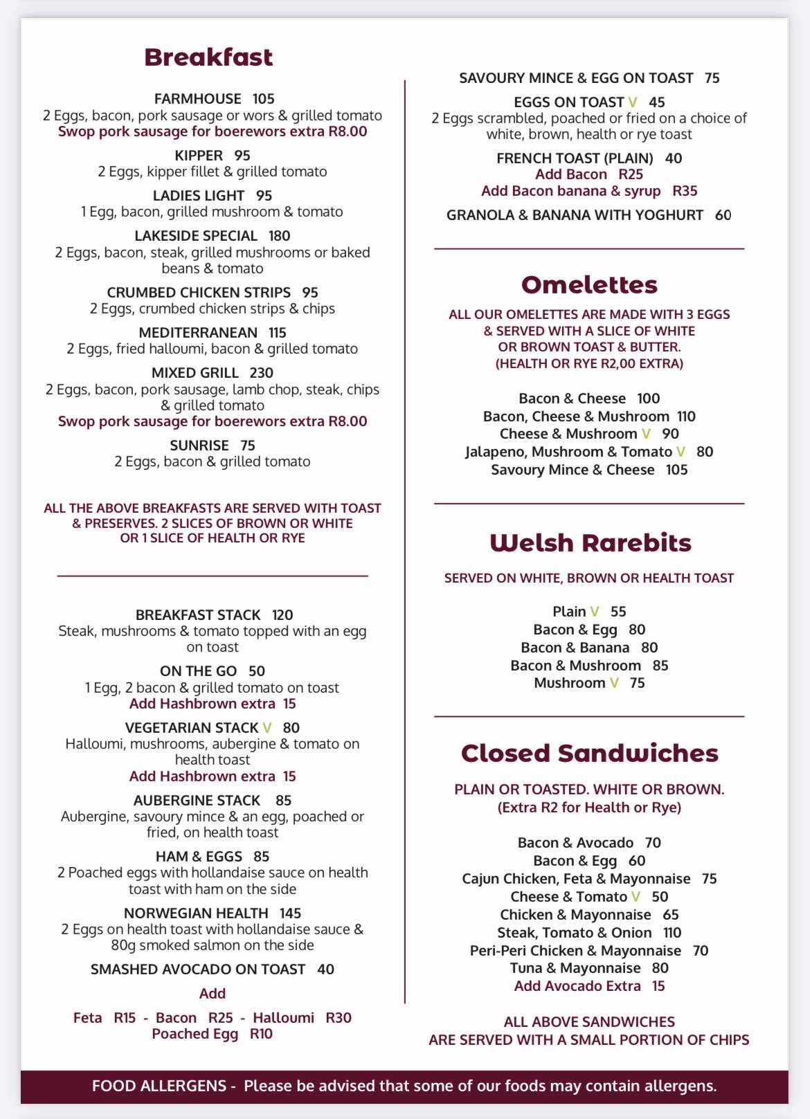 Menu at Lakeside Cafe - Coffee PMB, Pietermaritzburg