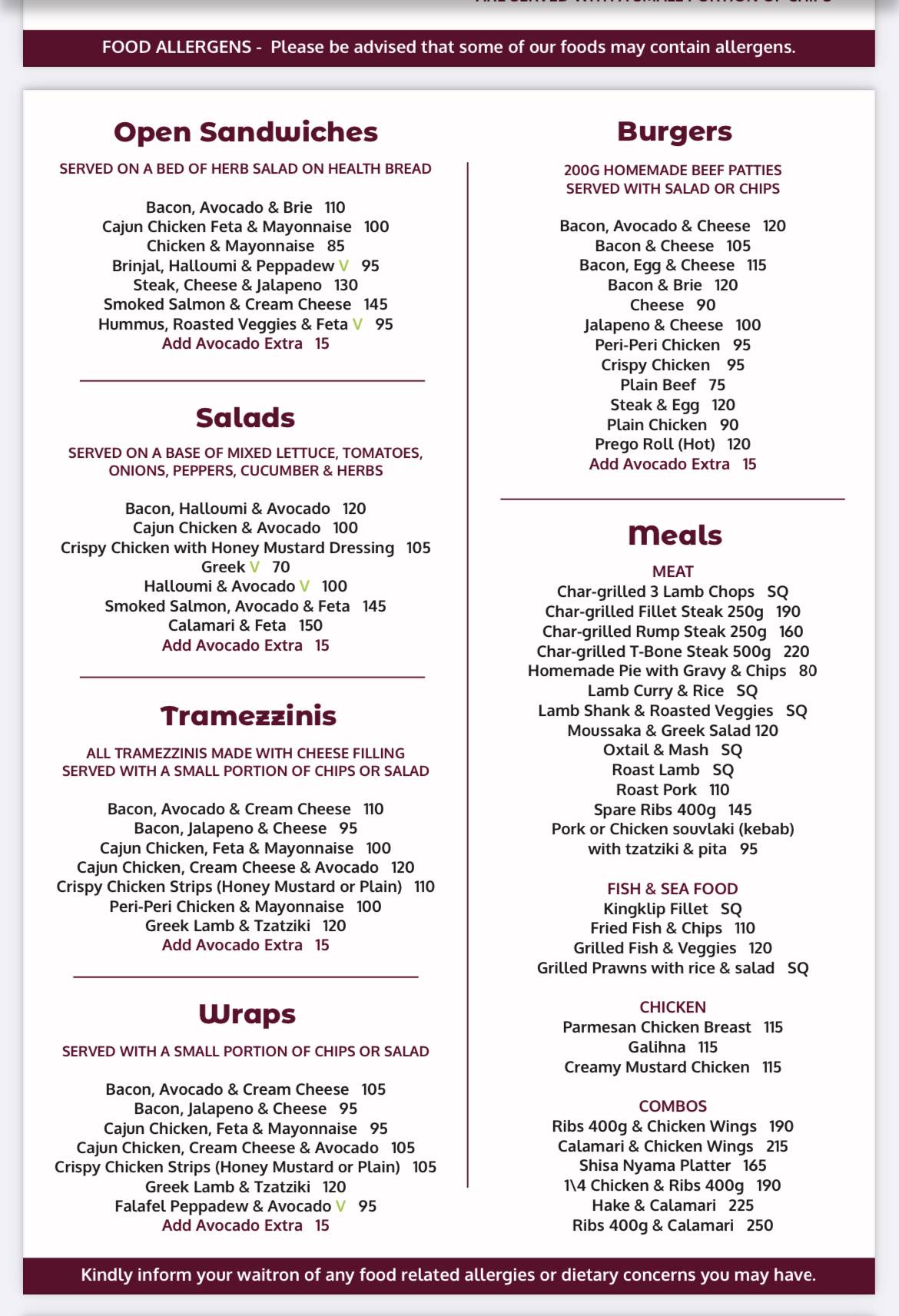 Menu at Lakeside Cafe - Coffee PMB, Pietermaritzburg