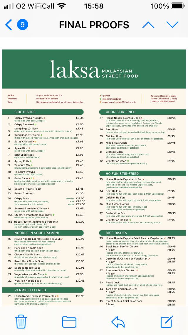 Menu at Laksa restaurant, London, 17 Clerkenwell Rd