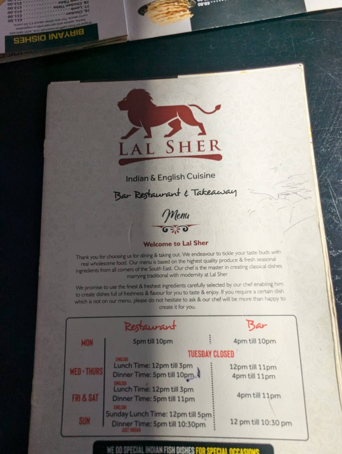 Menu at Lal Sher/Ye Olde Red Lion pub & bar, Warrington