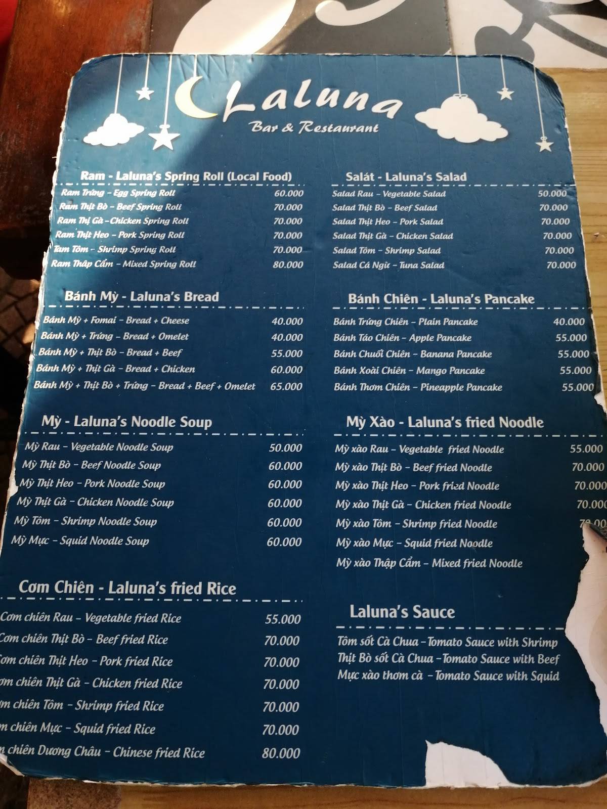 Carta de Laluna Bar & Restaurant, Đà Nẵng