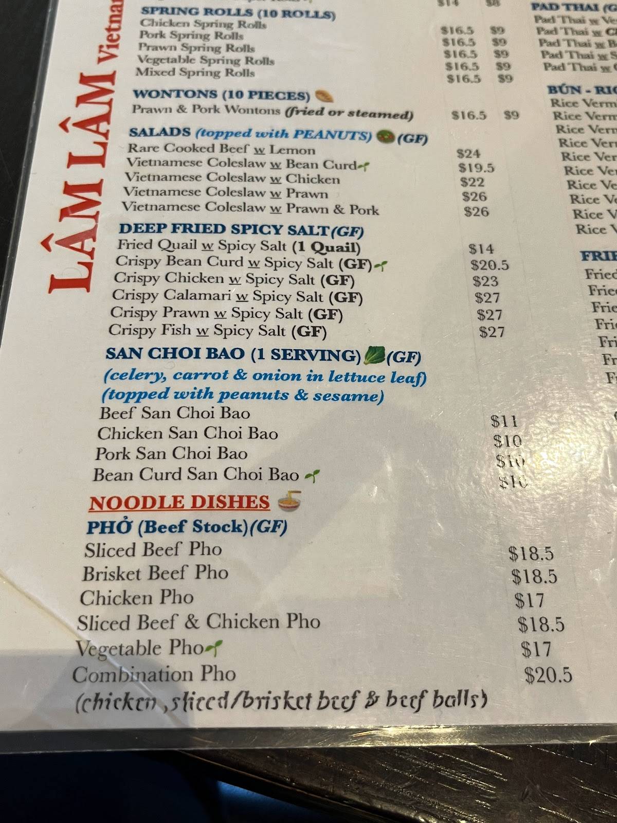 Menu at Lam Lam restaurant, Melbourne, 399A High St