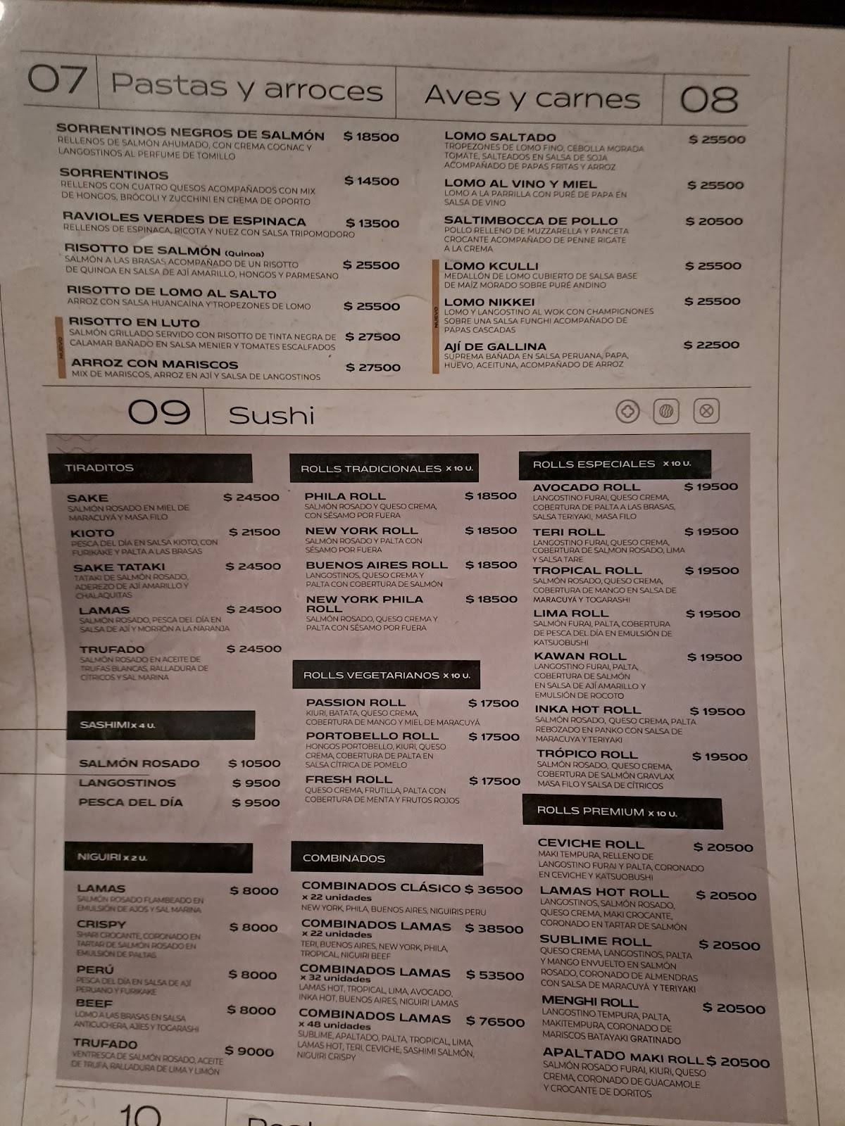 Carta del restaurante Lamas, Canning