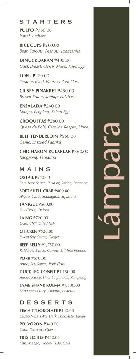 Menu at Lampara restaurant, Makati