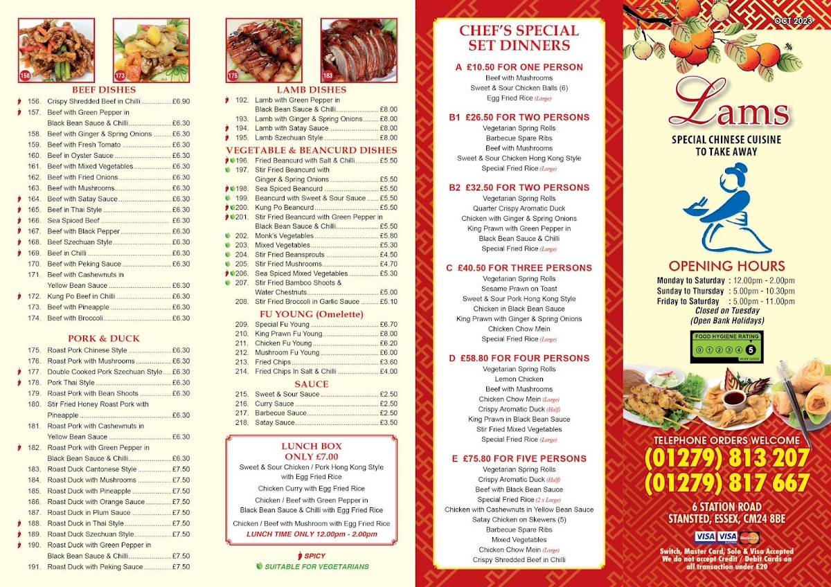 Menu at Lams Chinese Takeaway fast food, Stansted Mountfitchet