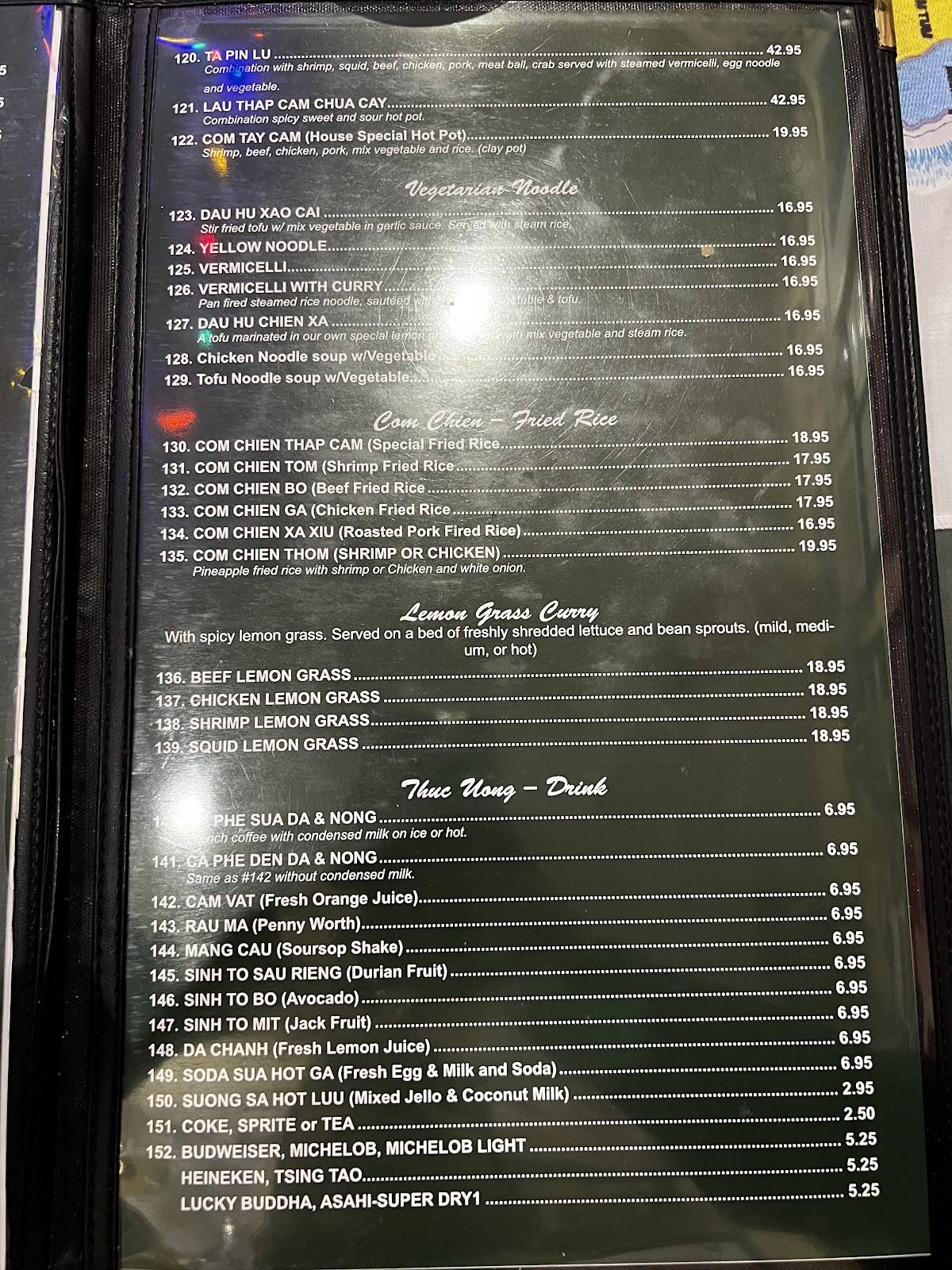 Menu at Lang Van restaurant, Charlotte