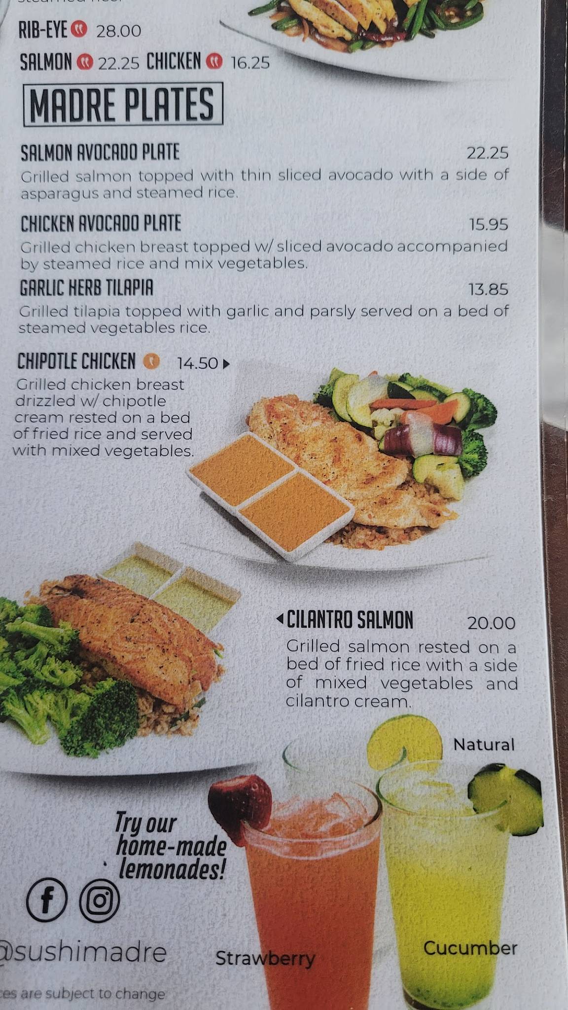 Menu at Sushi Madre restaurant, Laredo, McPherson Rd