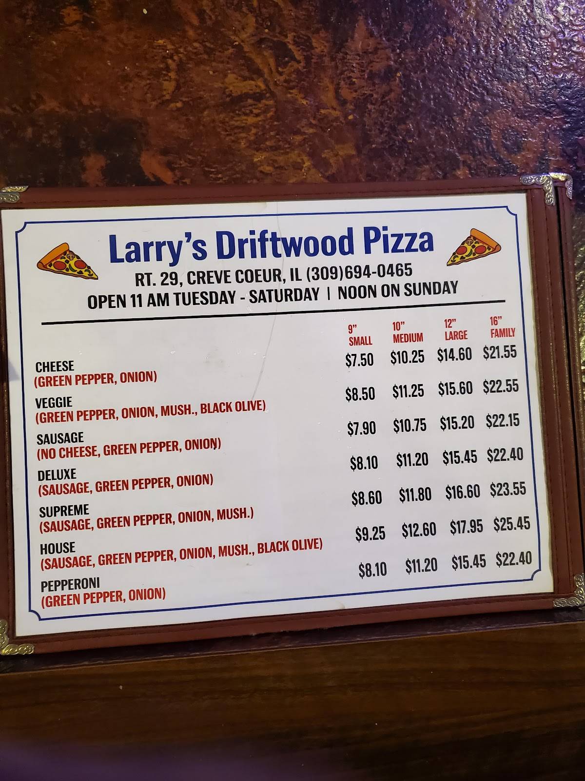 Menu at Larry's Driftwood Pizza pizzeria, Creve Coeur, 661 S Main St