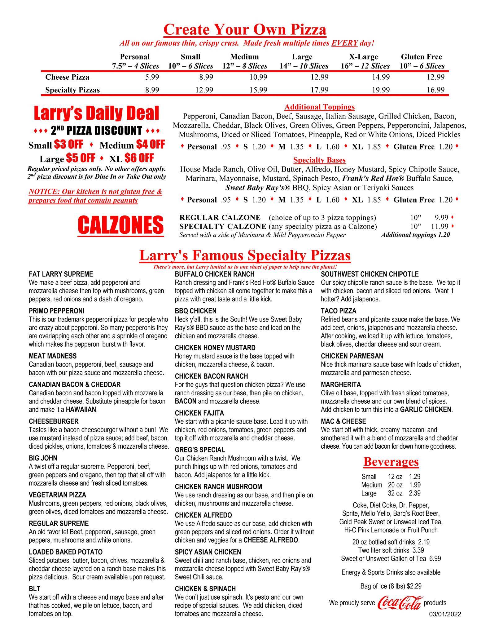 Menu at Larry's Pizza of LR pizzeria, Little Rock, 801 S Bowman Rd