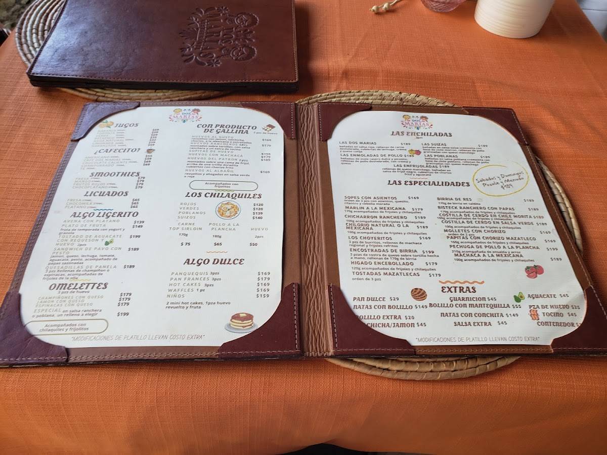 Carta de Las dos marías, restaurante desayunos y comidas, Cabo San Lucas