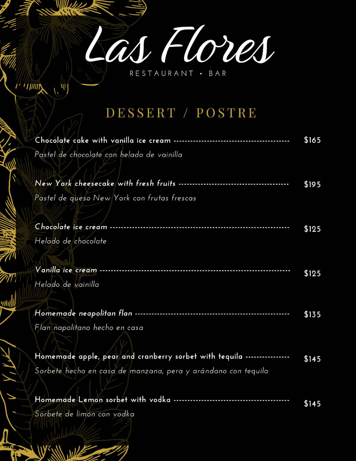 Menu at Las Flores restaurant, Bucerías, Lázaro Cárdenas 64