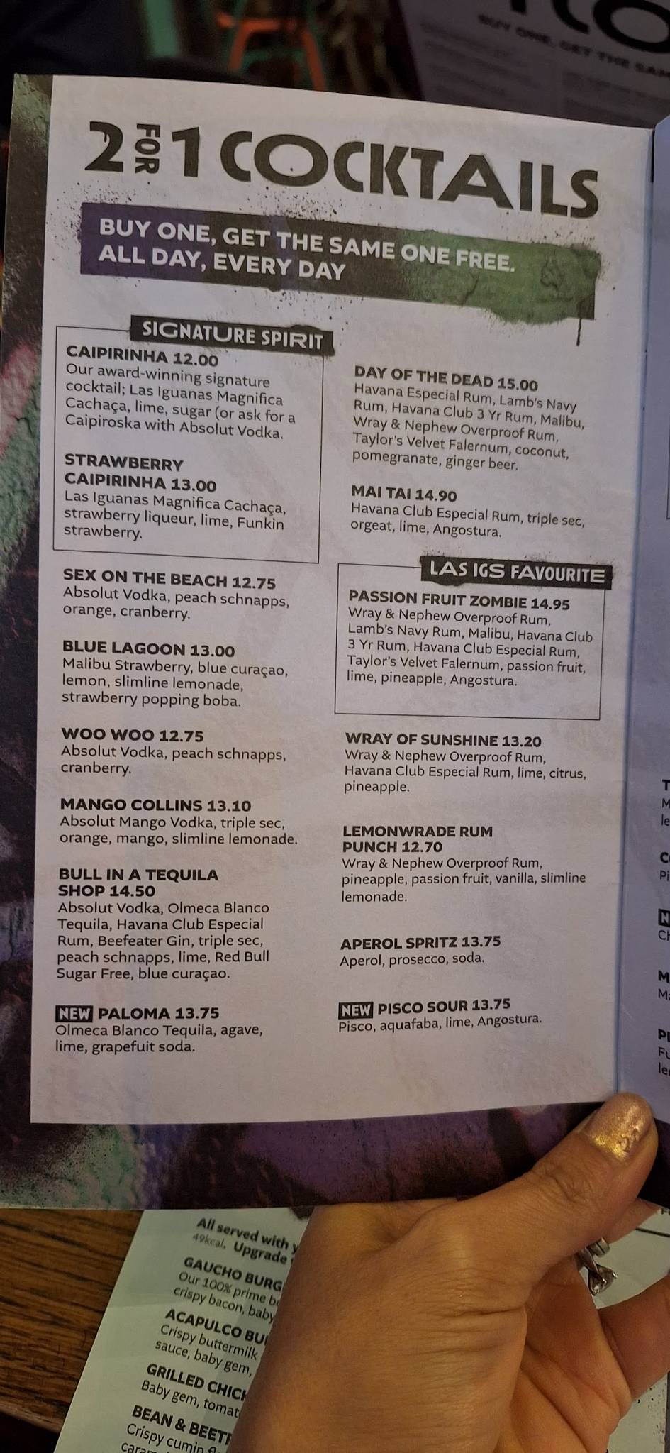 Menu at Las Iguanas pub & bar, London, Festival Terrace
