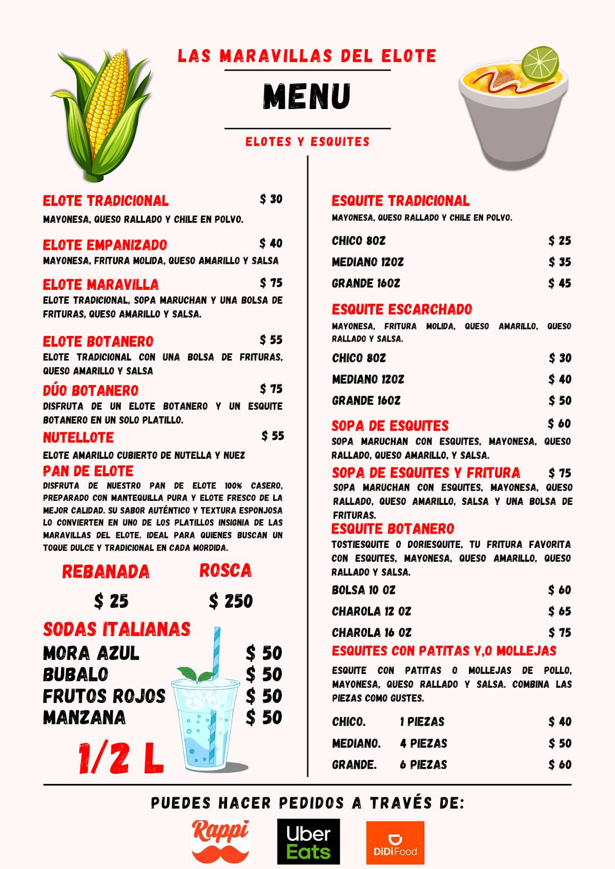 Carta del restaurante Las Maravillas del Elote, Nezahualcóyotl