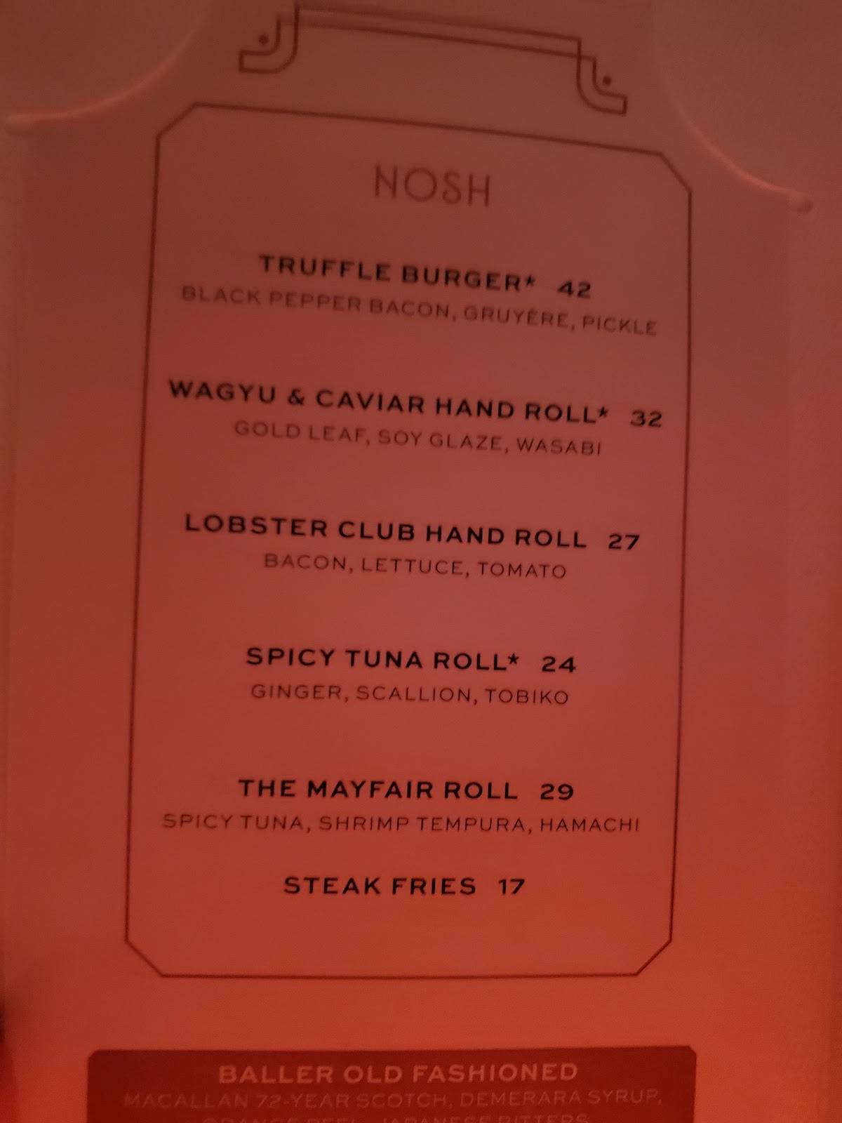 Menu at The Mayfair Supper Club, Las Vegas